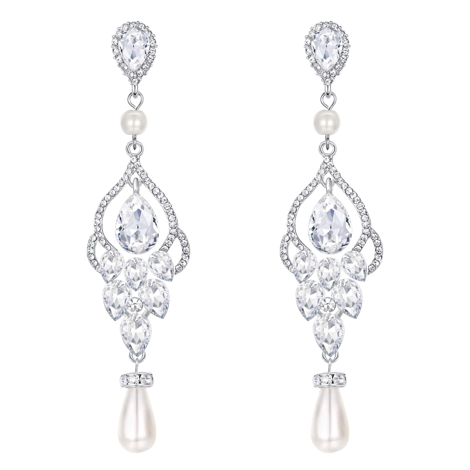 EVER FAITH Women's Crystal Simulated Pearl Bridal Vintage Chandelier Teardrop Earrings Clear Silver-Tone