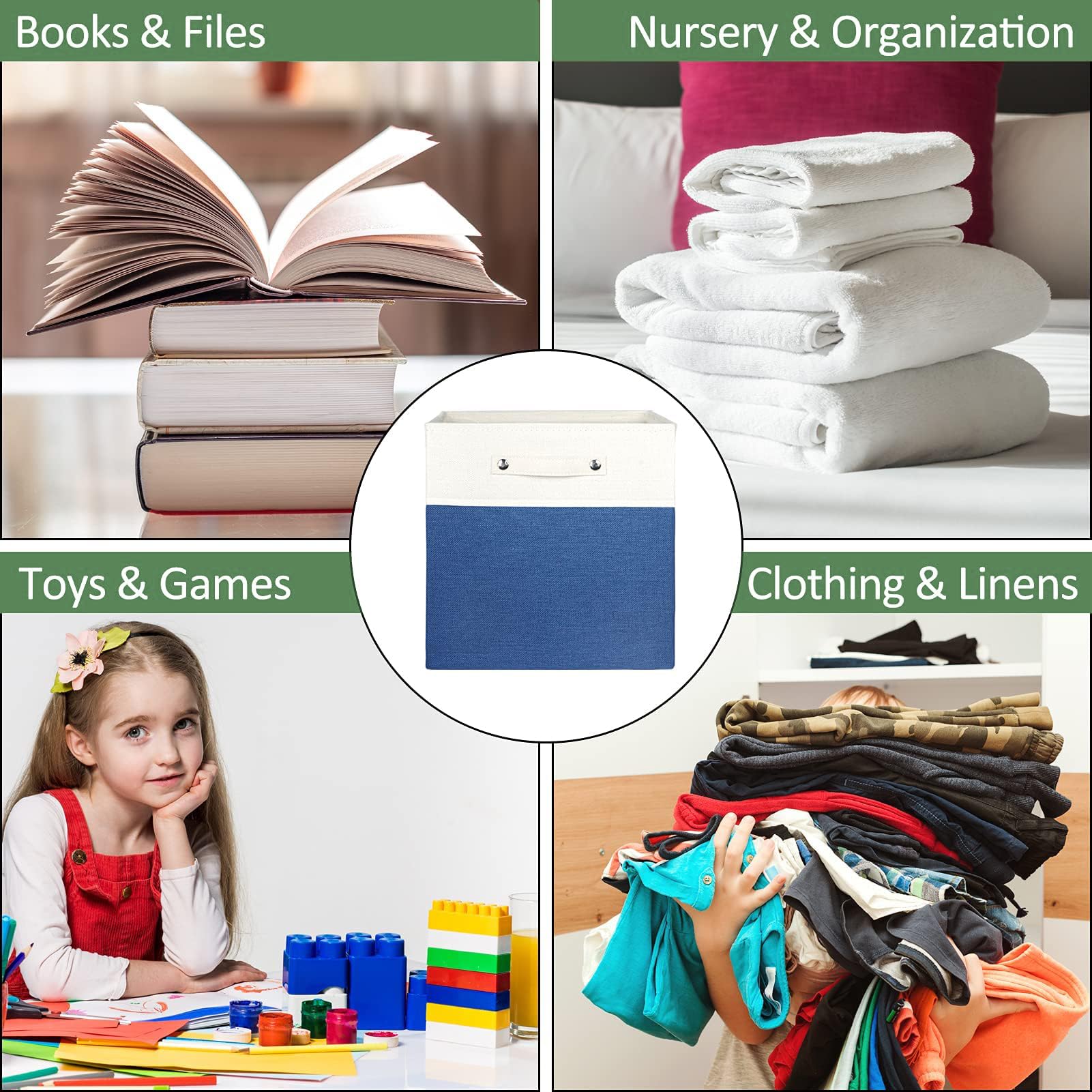 FinishingBo 13x13x13 Cube Storage Bins, Collapsible Fabric Storage Cubes Organizer , Foldable Large Storage Baskets for Nursery, Toys Organizing Closet, Shelf Cabinet(6Pack, White and Navy Blue