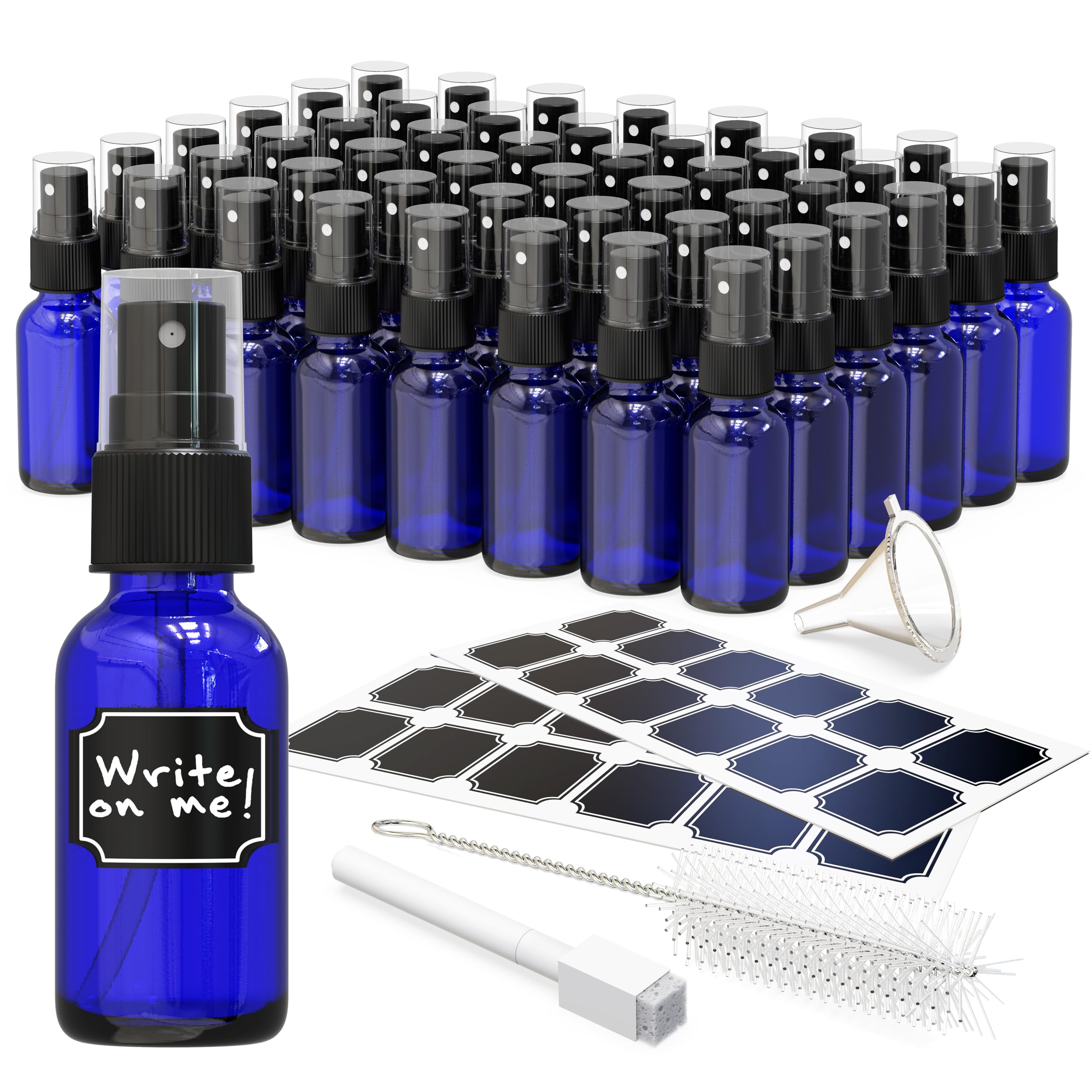 Nevlers 48 Pack Blue 1 Oz Glass Spray Bottle | The Blue Misting Glass Bottles Includes Sprayers, a Funnel & Brush with Bonus Labels to Easily Identify its Contents