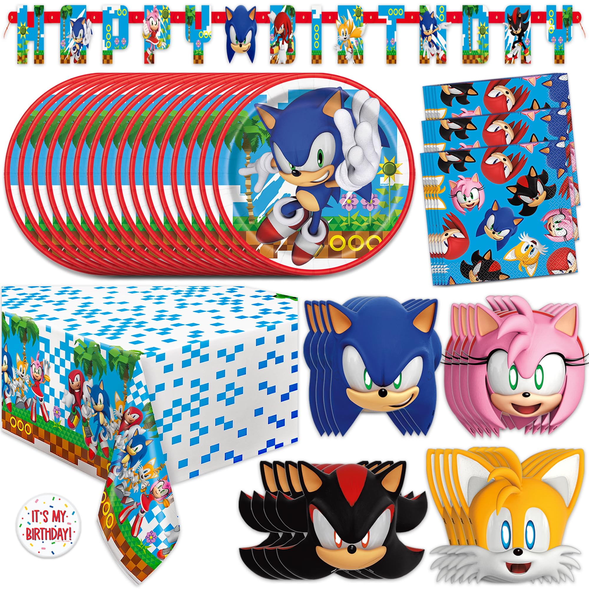 Sonic Birthday Party Decorations for 16 | Banner, Sonic Tablecloth, Sonic Plates and Napkins, Masks, Sticker | Sonic Party Decorations | Officially Licensed