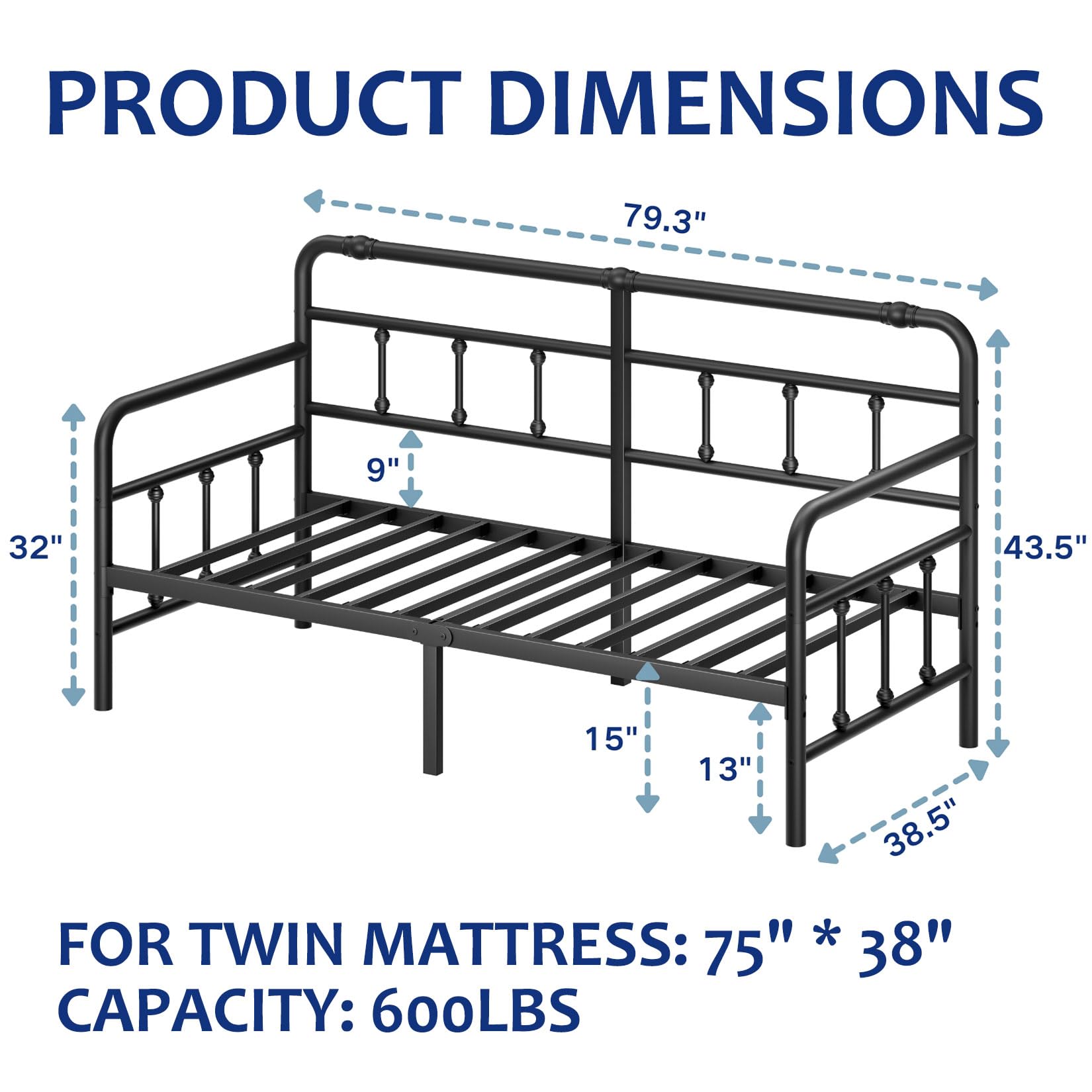 Hazena Daybed Metal-Twin-Size-Bed-Frame - with Headboard, Heavy Duty Metal Slats Support for Bedroom and Guest Room, Easy Assembly, No Box Spring Needed, Victorian