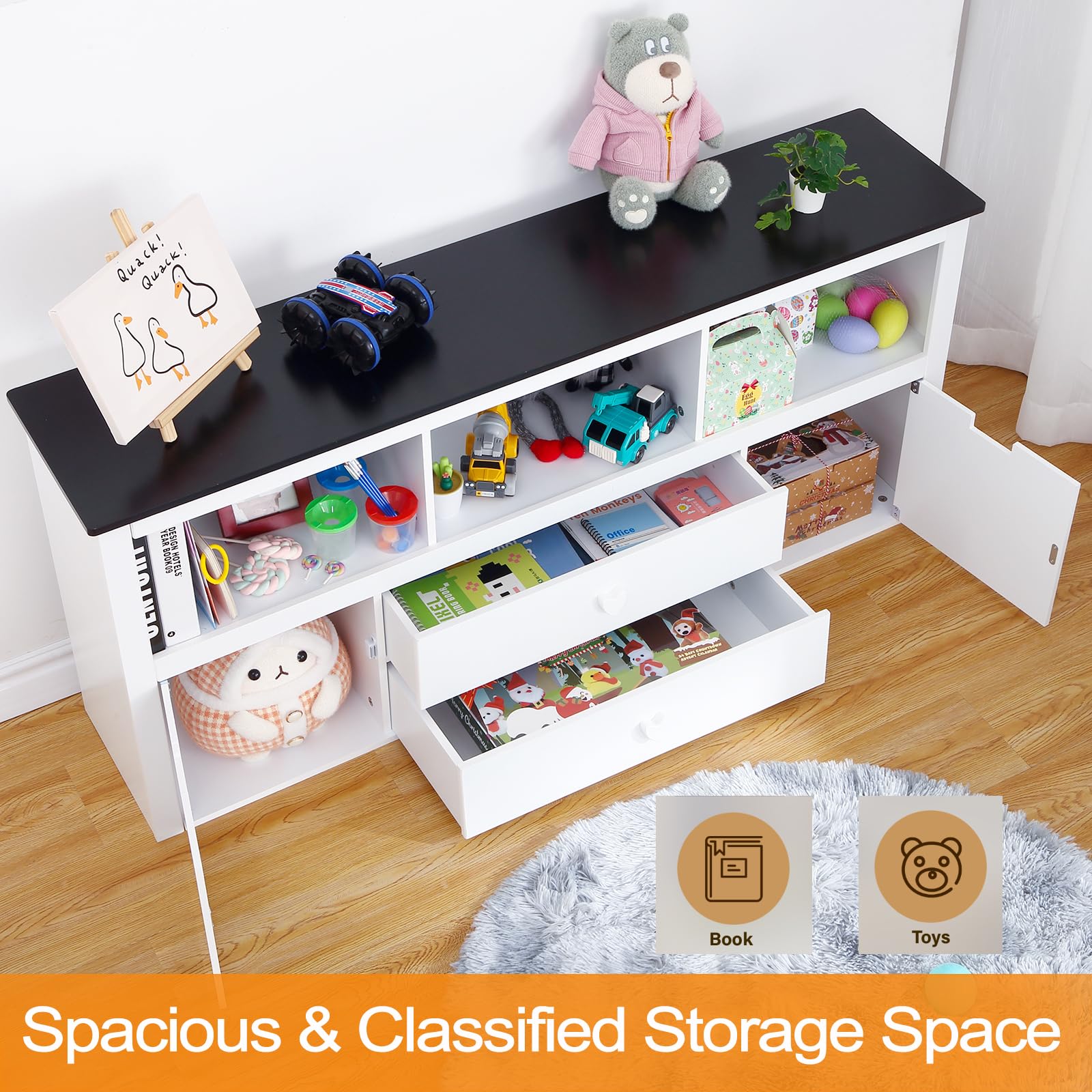 HobbyField Kids Toy Storage Organizer with with 2 Drawers,Toy Storage Organizer with Bookshelf,Movable Drawers & Blackboard Top for Boys Girls Toddler Classroom Bookcase for Bedroom,Playroom,Nursery