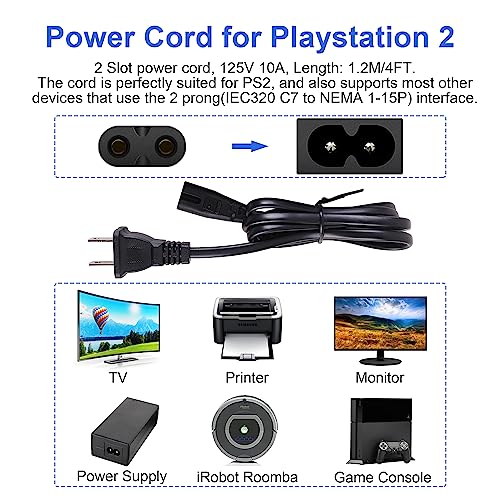 Power Cord and AV Cable for PS1 PS2 PS3, AC Power Cord and AV Cable Compatible with Playstation 1 2 3, 2 Prong Power Supply & Audio Video RCA AV Cable Replacement Set