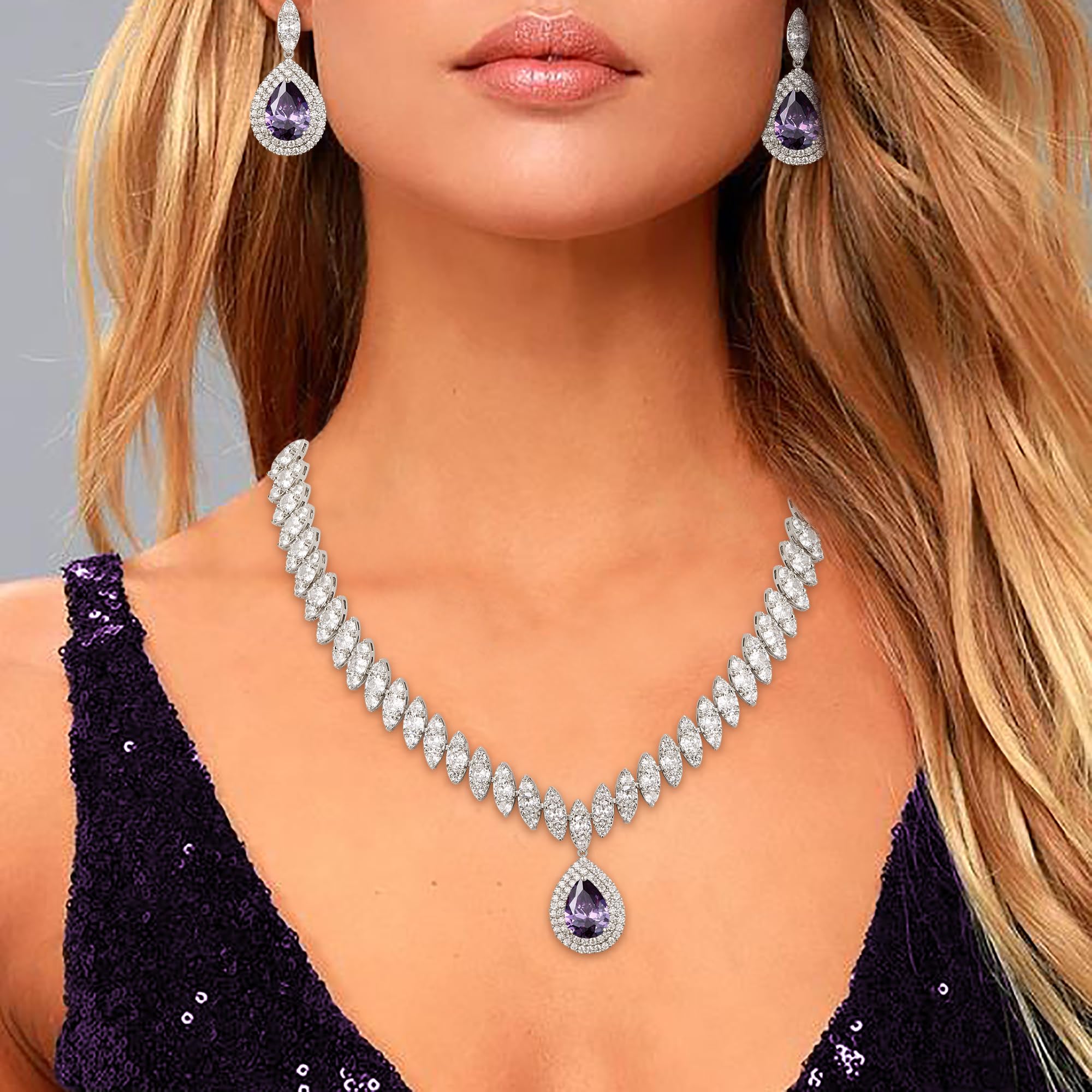 EVER FAITH Women's Jewelry Purple CZ Marquise-Shaped Leaf Teardrop Wedding Prom Necklace Earrings Set Silver-Tone