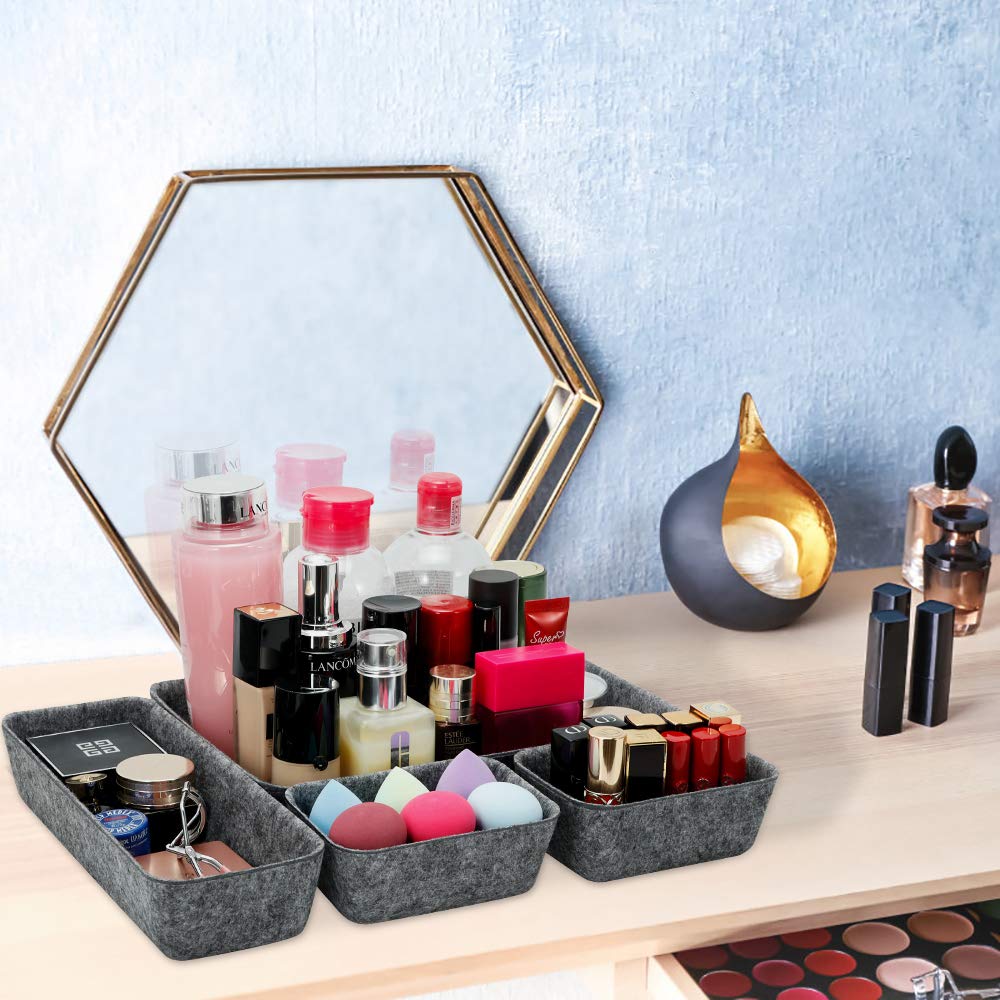 Drawer Organizers Bins Junk Drawer Organizer Tray Dividers for Office Kitchen Bathroom Bedroom Shallow Felt Drawer Storage Containers Cute Desk Drawer Organizer Separators Pack of 8,Grey