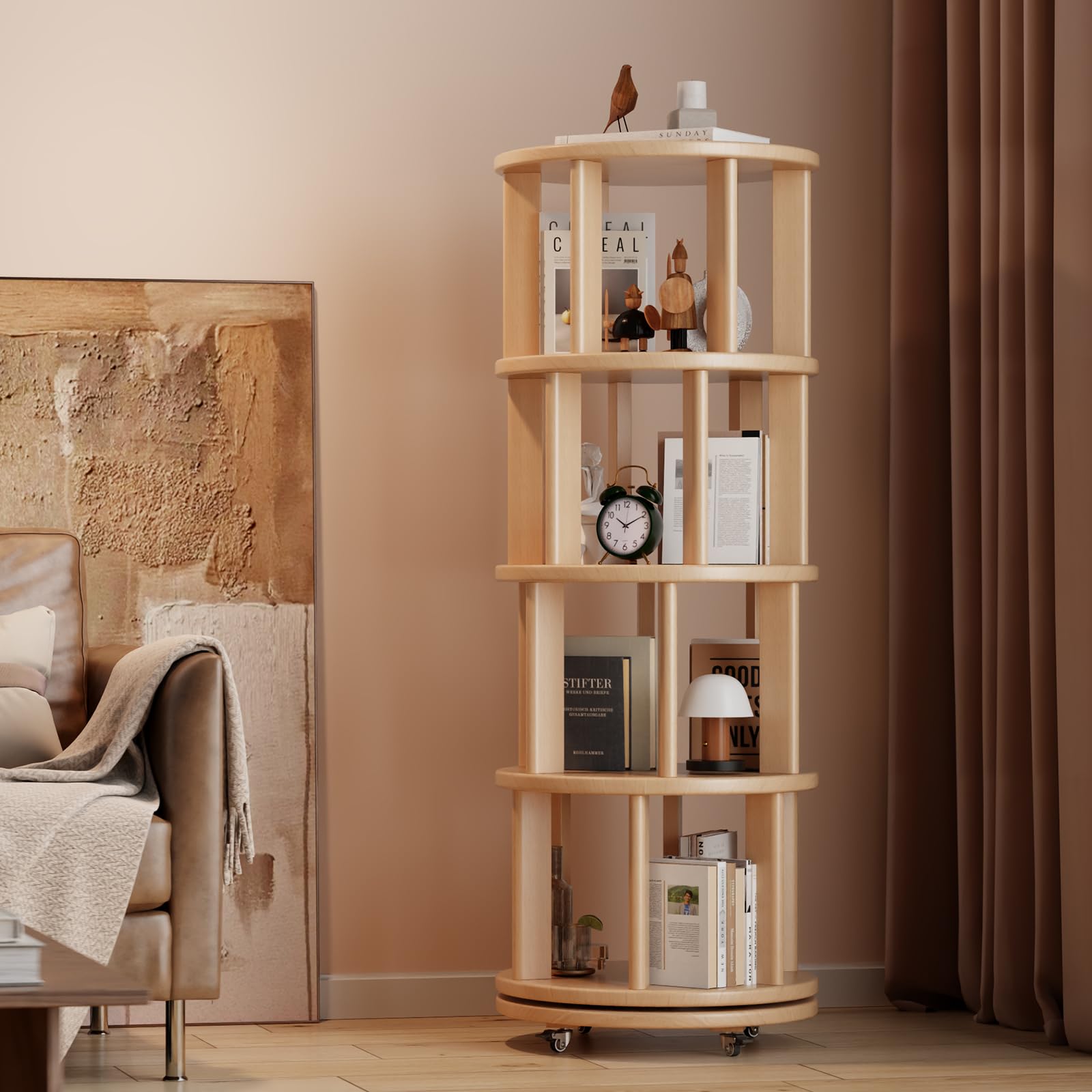 KASLANDI Solid Wood Rotating Bookshelf with Brake Wheels, 360°Display 6 Tier Floor Stackable Spinning Bookshelf Tower for Kids & Adults, Revolving Bookcase for Small Space, Corner (Walnut)