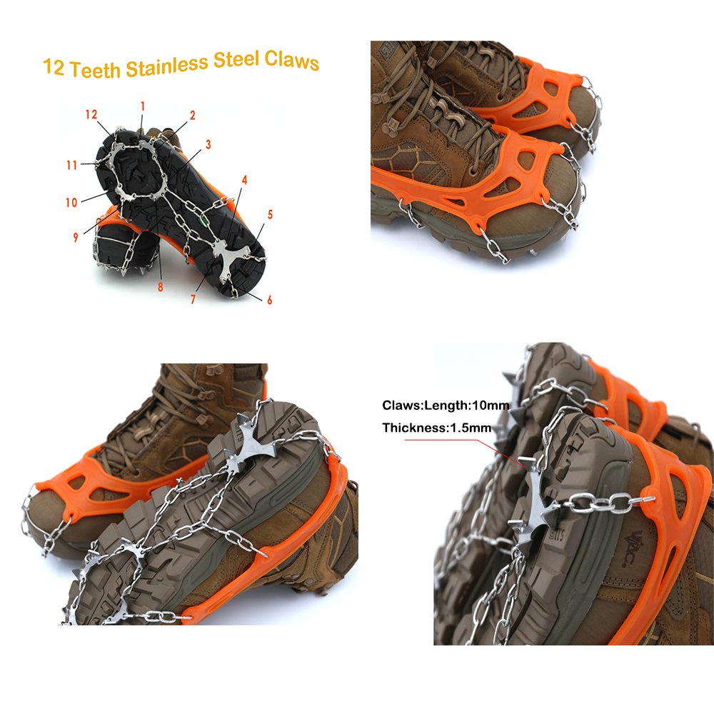DOSWODE Traction Cleats Crampons Ice and Snow Boot Spikes Anti-slip Hiking Climbing with 12 Teeth Stainless Steel(M)