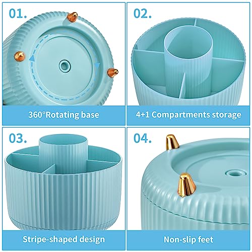 Marbrasse Desk Organizer, 360-Degree Rotating Pen Holder for Desk, Desk Organizers and Accessories with 5 Compartments Pencil Organizer, Art Supply Storage Box Caddy for Office, Home (Light Blue)