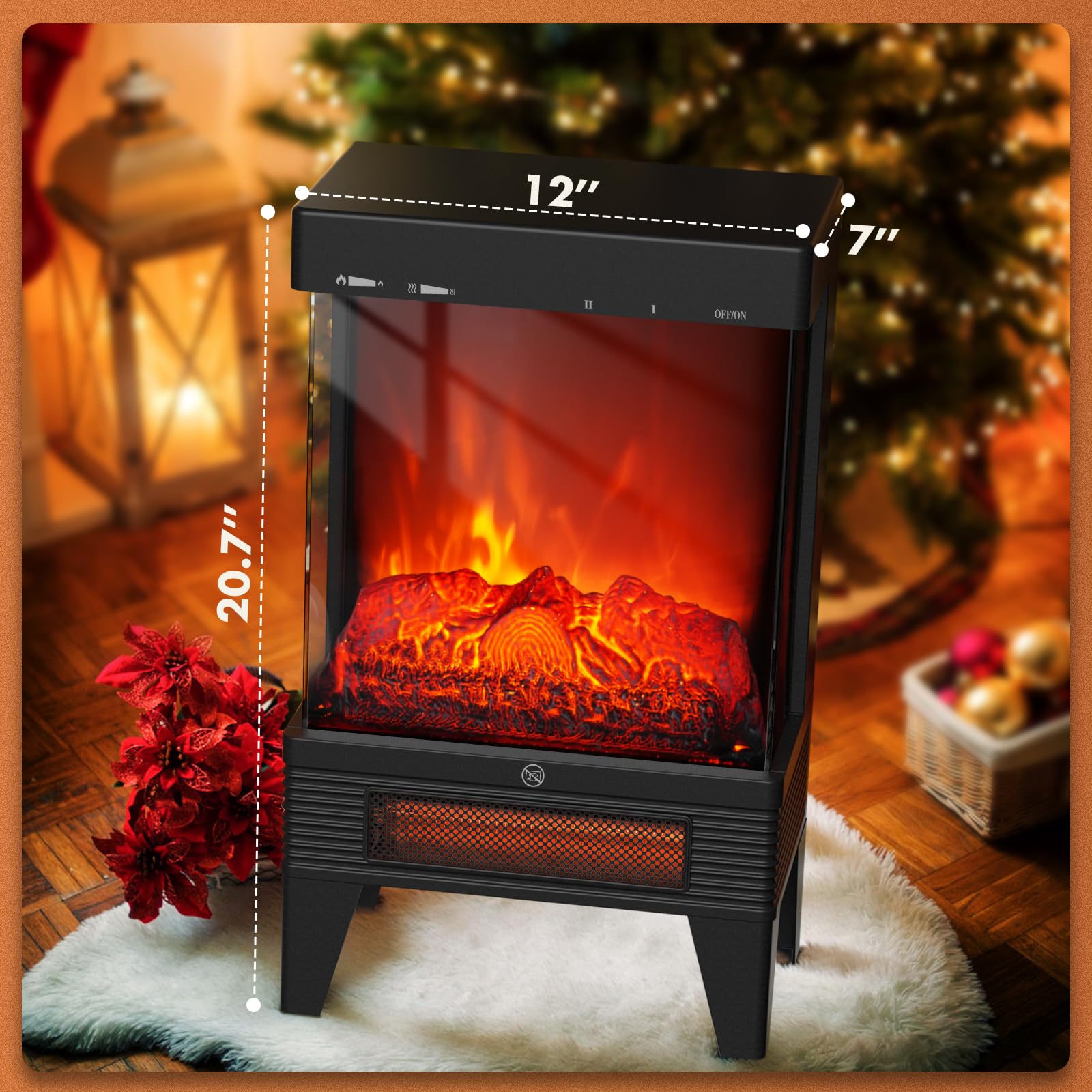 Electric Fireplace Stove, 1500W Freestanding Fireplace Heater with 3-Sided View, Realistic Flame, Adjustable Brightness and Heating Mode, Thermostat, Overheating Safe Design, ETL Certified
