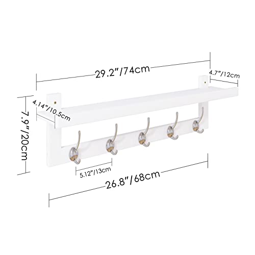 SMIBUY Coat Hooks with Shelf Wall-Mounted, 29.2 Inch Entryway Coat Rack for Wall, Bamboo Hanging Shelf with 5 Double Metal Hooks for Bathroom, Bedroom, Kitchen, Living Room, Mudroom (White)