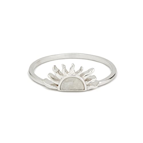 Pura Vida Silver-Plated Half Sun Ring w/Moonstone - Brass Base Band, Rhodium Plating - Size 6