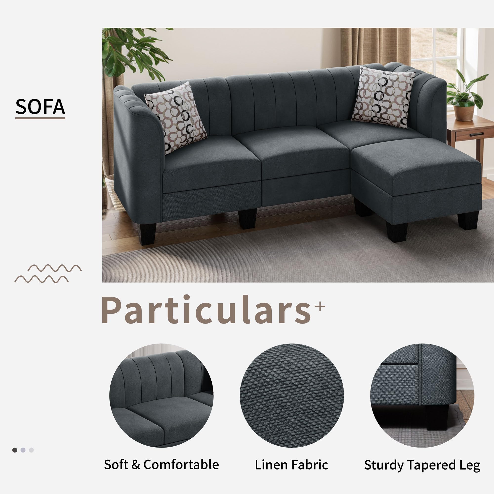 JAMFLY Sectional Sofa Couch for Living Room, Small 3-Seat L Shaped Couch with Linen Fabric, Convertible Sofa with Chaise Clearance Set for Small Space, Dark Grey