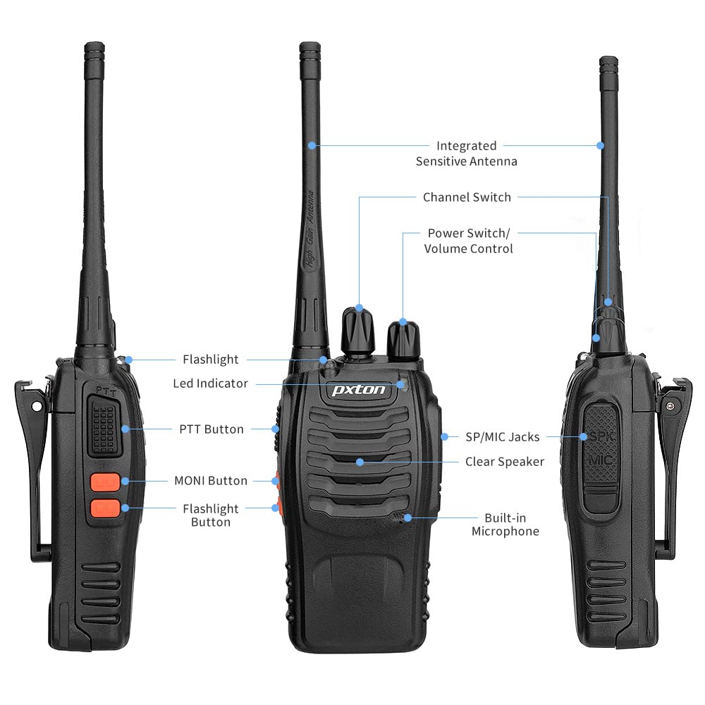 pxton walkie talkies for Adults Long Range with USB Charger and Upgraded Earpieces,Handheld Portable Two Way Radio walkie Talkie Rechargeable Include Li-ion Battery and Flashlight(4 Pack) Black