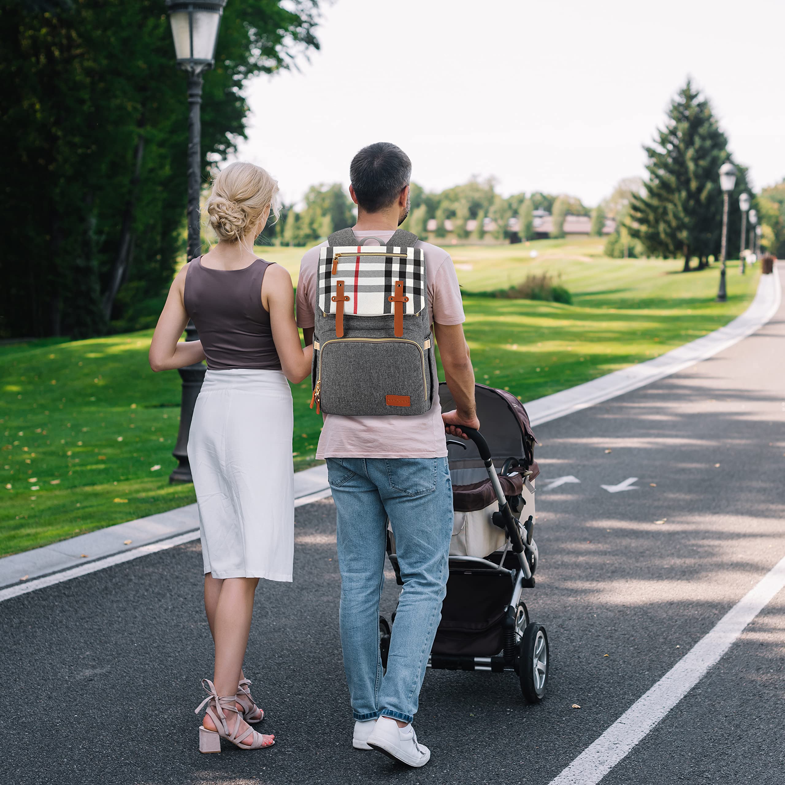 espidoo Diaper Bag Backpack, Large Capacity Multi-Function Waterproof Maternity Nappy Bags Changing Bags with Insulated Pockets and Stroller Straper for Mom Dad Travel Gear, Light Grey with Plaid