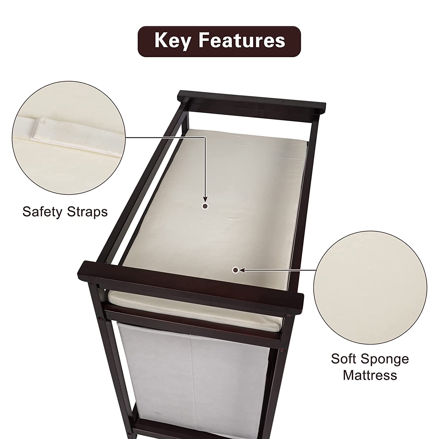 Kinsuite Baby Changing Table - Modern Wooden Nursing Table, with Cushions and Storage Drawers, Mother’s Intimate Care, Convenient and Safe, Brown