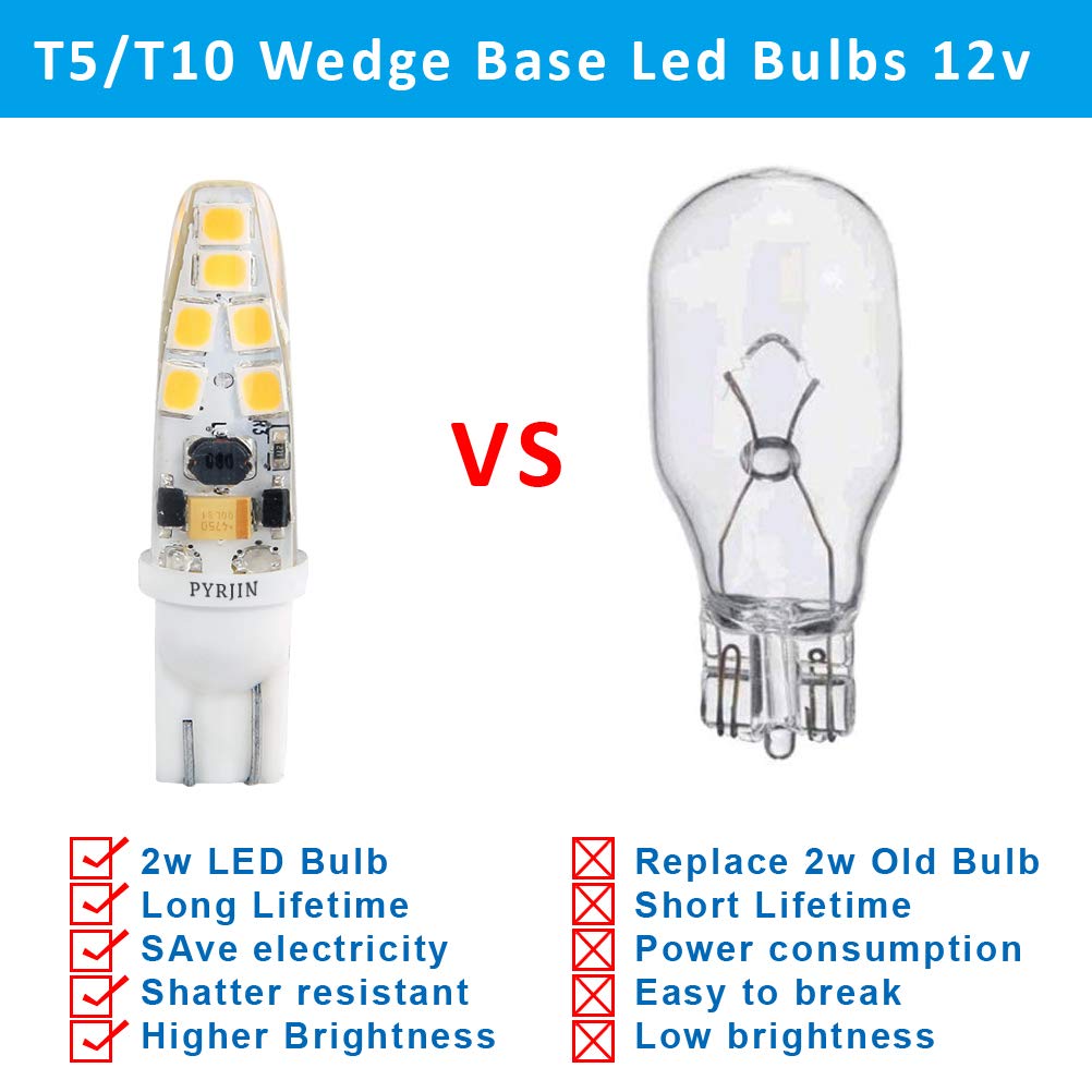 PYJR T10 Wedge Base Led Bulbs 12v Low Voltage Landscape, Ac/Dc 12V, 2W 200Lm, 3000K Warm White, for Landscape Pathway Lighting, Deck Stair, Step, and Automotive Rv Lights. (Pack of 5)