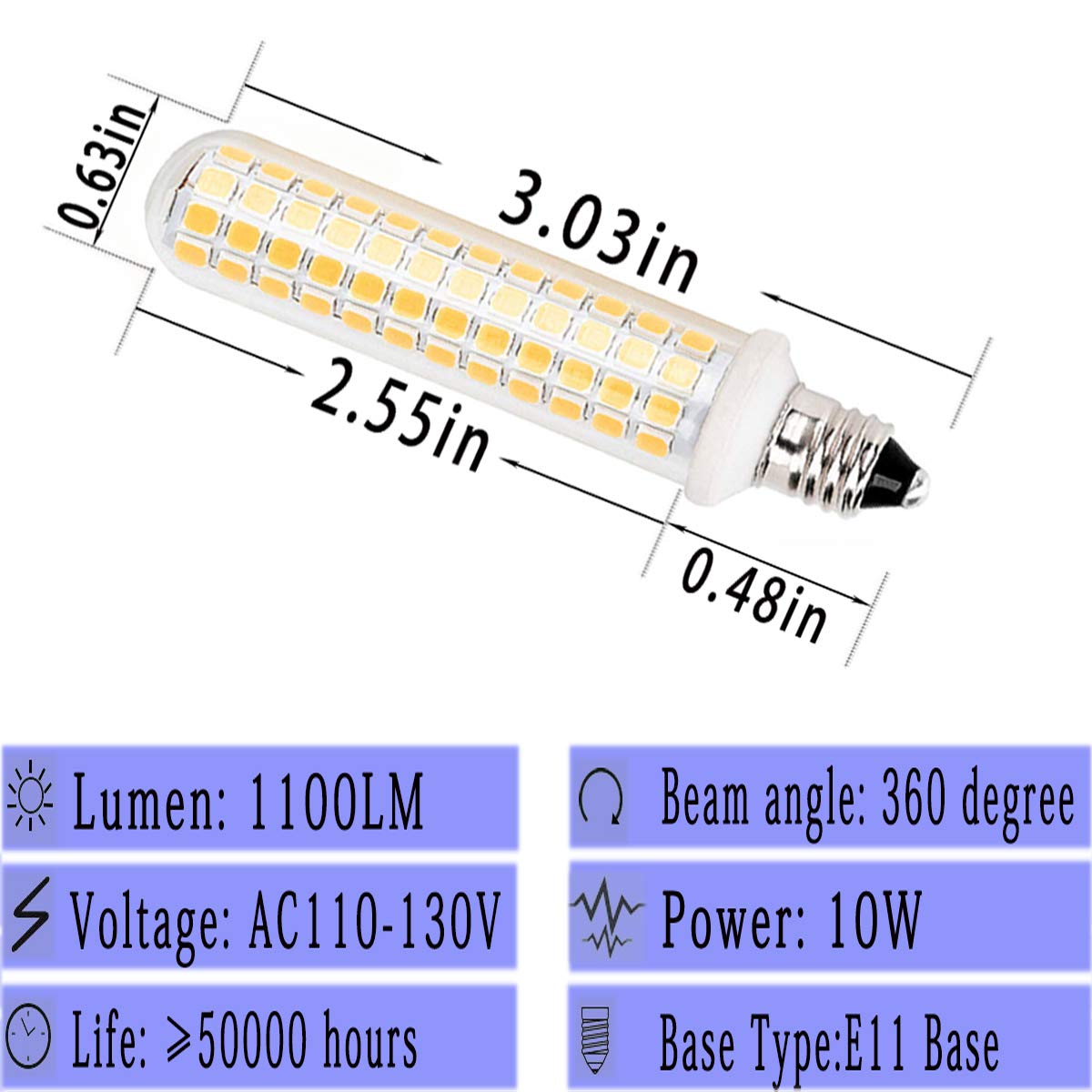 New Upgrade -E11 led Bulb,125 LEDs 100W 120W Halogen Bulbs Equivalent, 10w 1100lm, E11 Mini Candelabra Base Warm White 3000k,AC 110V/130V,JD T3 T4 Bulb (2 Packs)