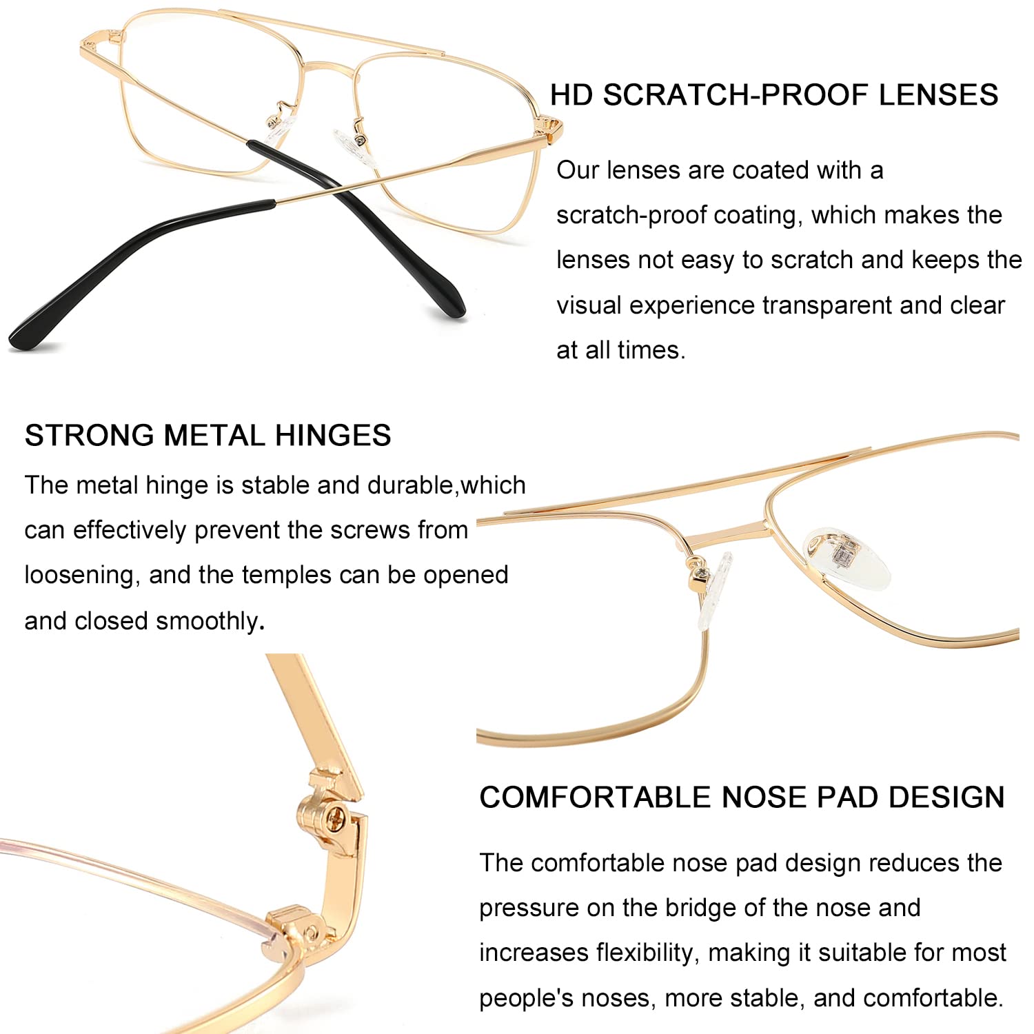Dollger Square Clear Lens Glasses Non-prescription Fake Metal Aviator Frame Eyeglasses