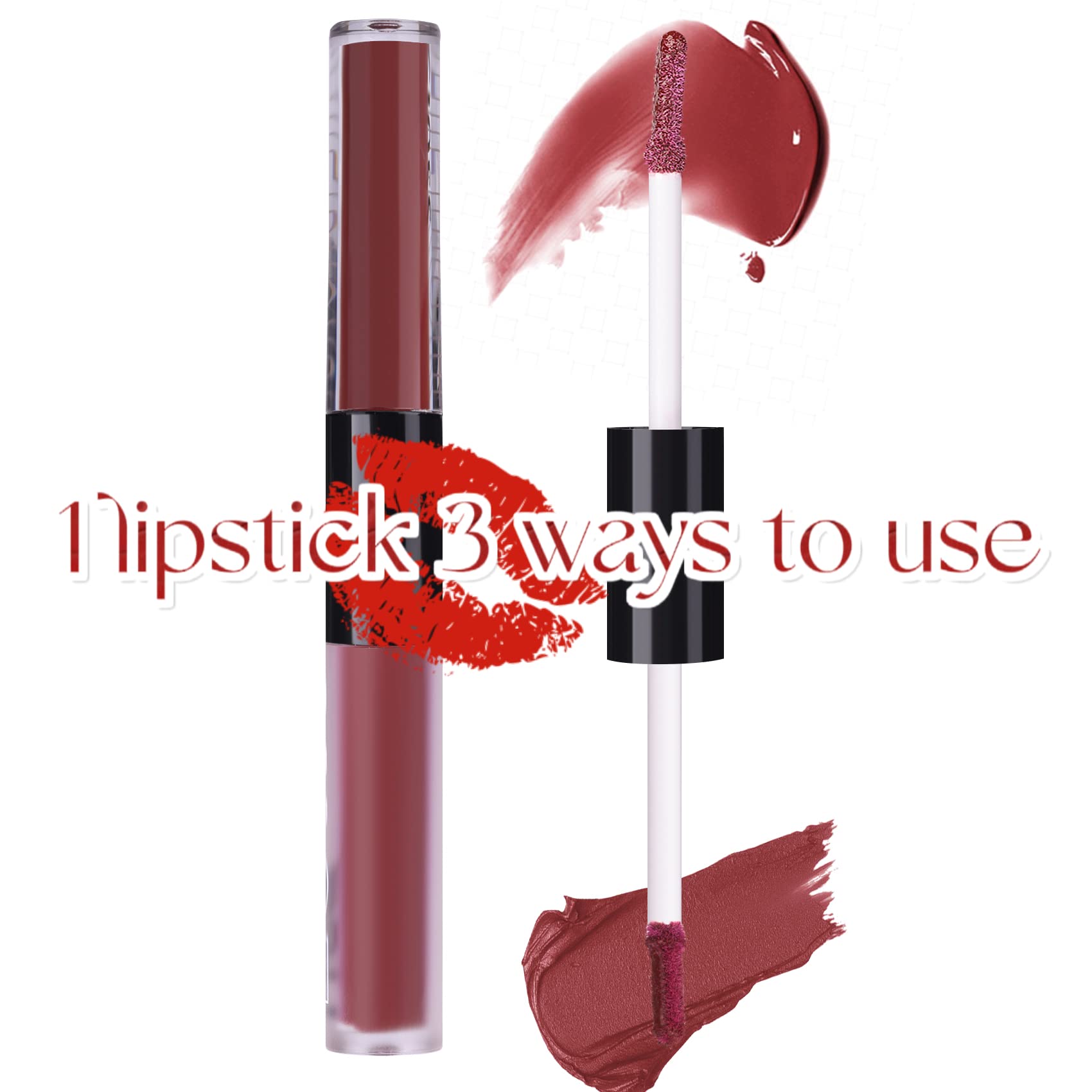 Goddvenus Matte Liquid Lipstick + Lip Gloss, 1Lip Stain 3 Ways to Use Long Lasting Moisturizing Red Brown Lip Tint Makeup Lip