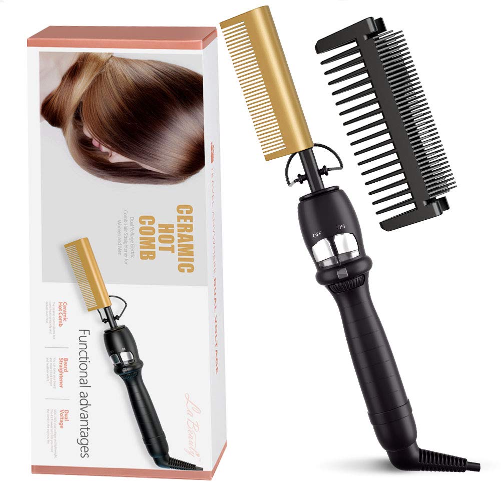Electric Hot Comb Hair Beard Professional Straightener, Ceramic Heats Up Fast 200-500℉ Temperature Adjustable Heat Setting, Double Protective Device straightening Pressing Comb for Stylist and Family