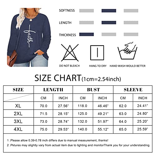 Plus Size Tops Women Faith Shirts Christian Inspirational Tshirt Long Sleeve Graphic Tees(A-02-a-blue,1X)
