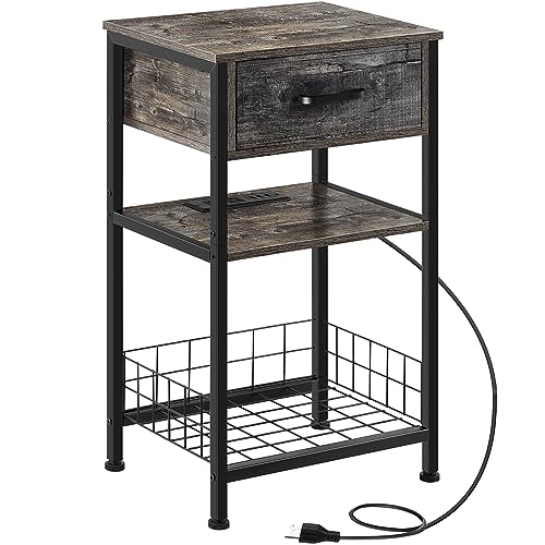 smusei Nightstand with Charging Station Night Stand with Fabric Drawer End Tables with USB Ports and Outlets Living Room Bed Side Table for Small Spaces, Dark Grey