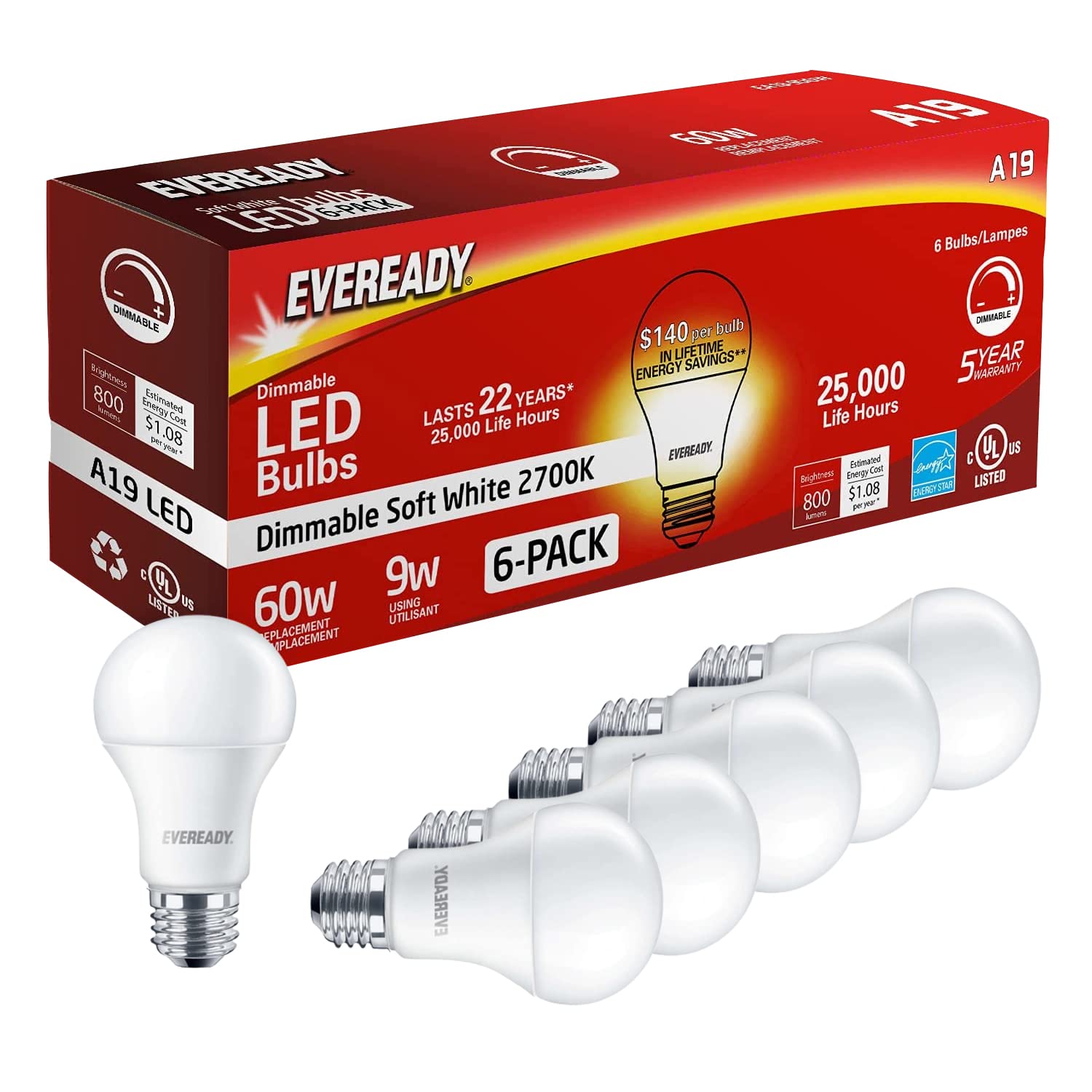 Eveready Led Light Bulbs, Dimmable, 60 Watt Equivalent Light Bulbs (9W Led Bulb), 800 Lumens, 2700K Soft White Color, A19 E26 Base Led Replacement for Halogen Bulb, ES and UL Certified - 6 Pack