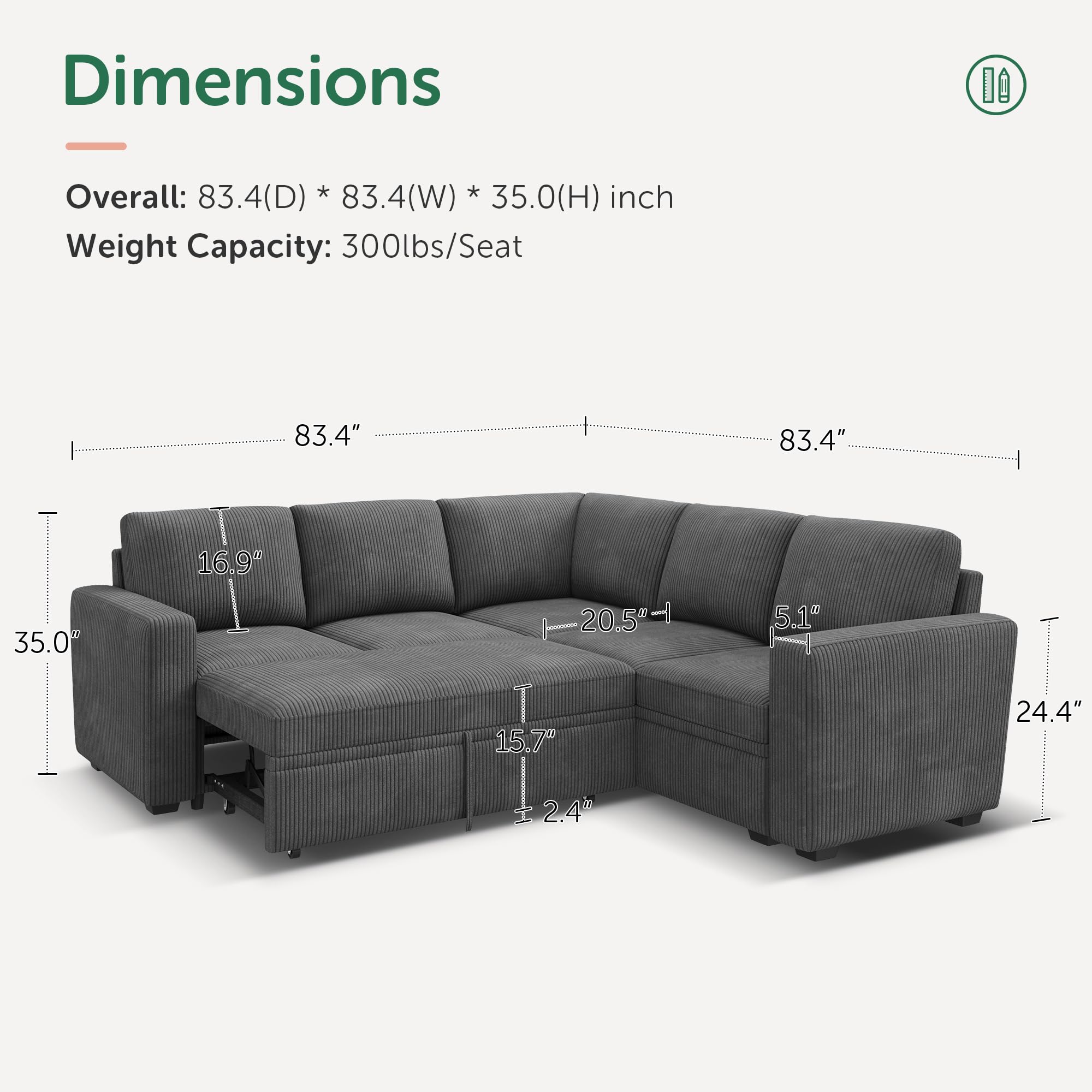 HONBAY Modular Sectional Sleeper Sofa with Pull Out Bed, Corduroy L Shaped Couch with Storage Seats, Convertible Sectional Couches for Living Room, Green