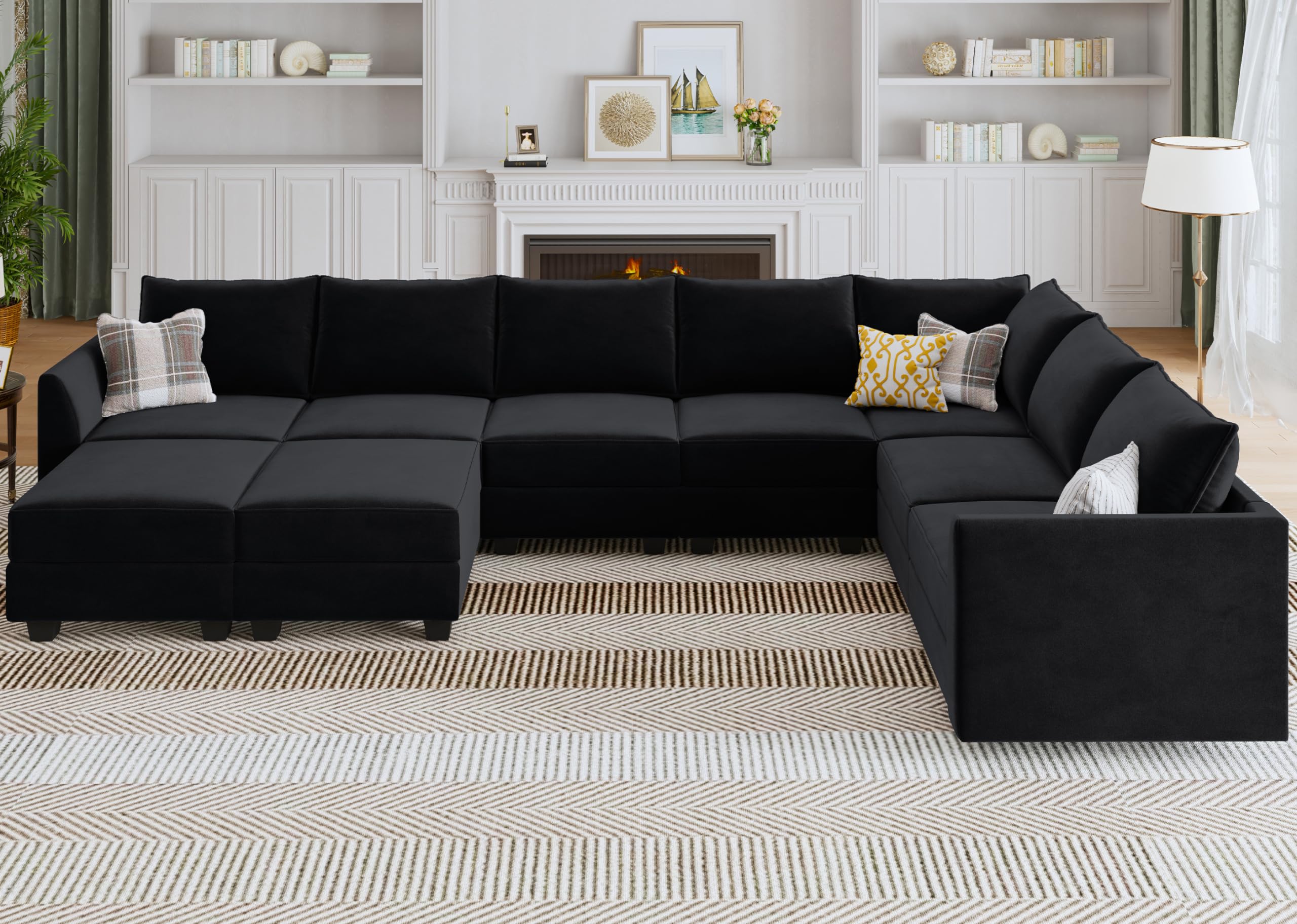 HONBAY Modular Sectional Sofa Velvet U Shaped Couch with Storage Oversized Sectional Sofa Couch for Living Room, Black