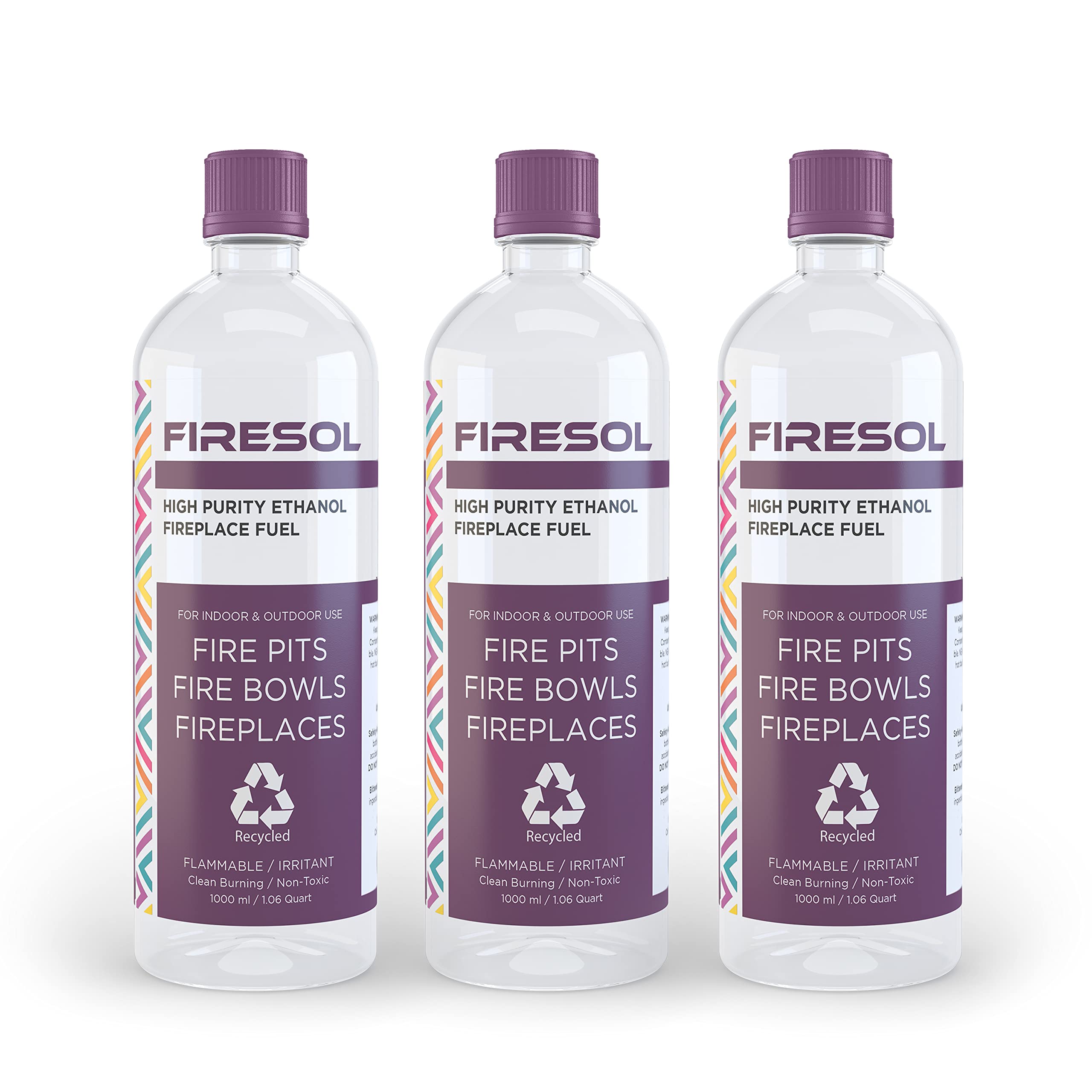 Firesol High Purity Ethanol 3 x 1 Liter - Bioethanol Fuel for fireplaces, Stoves and Burners. Denatured Alcohol (3 Quart) Clean Burning, Sustainable Fuel
