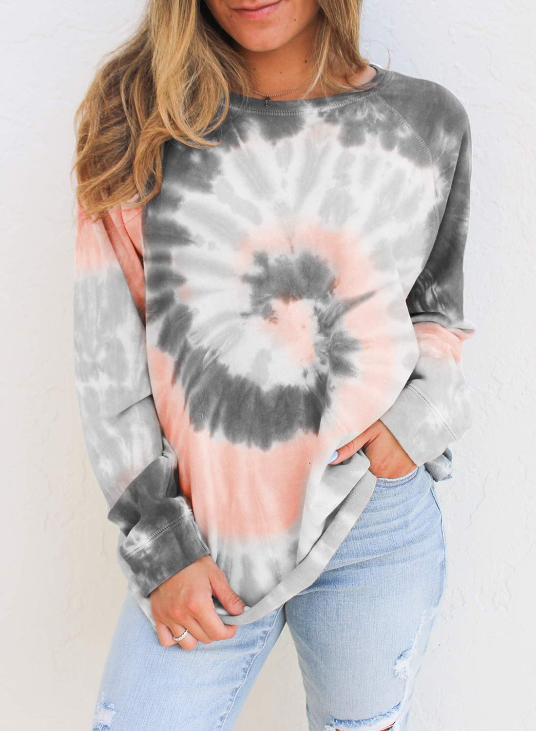 Eytino Women Tie Dye Printed Crew Neck Long Sleeve Pullover Sweatshirt Tops,Large Gray
