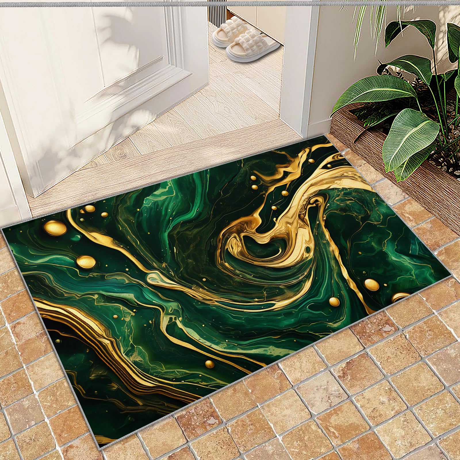 LEGENOB Area Rugs 2x3 Gold Green Marble Texture Area Rug ,Modern Abstract Fluids Print Green Rug ,Washable Rug ,Apply to Restroom Bathroom Laundry Room Kitchen Foyer Entrance Interior Door Mat