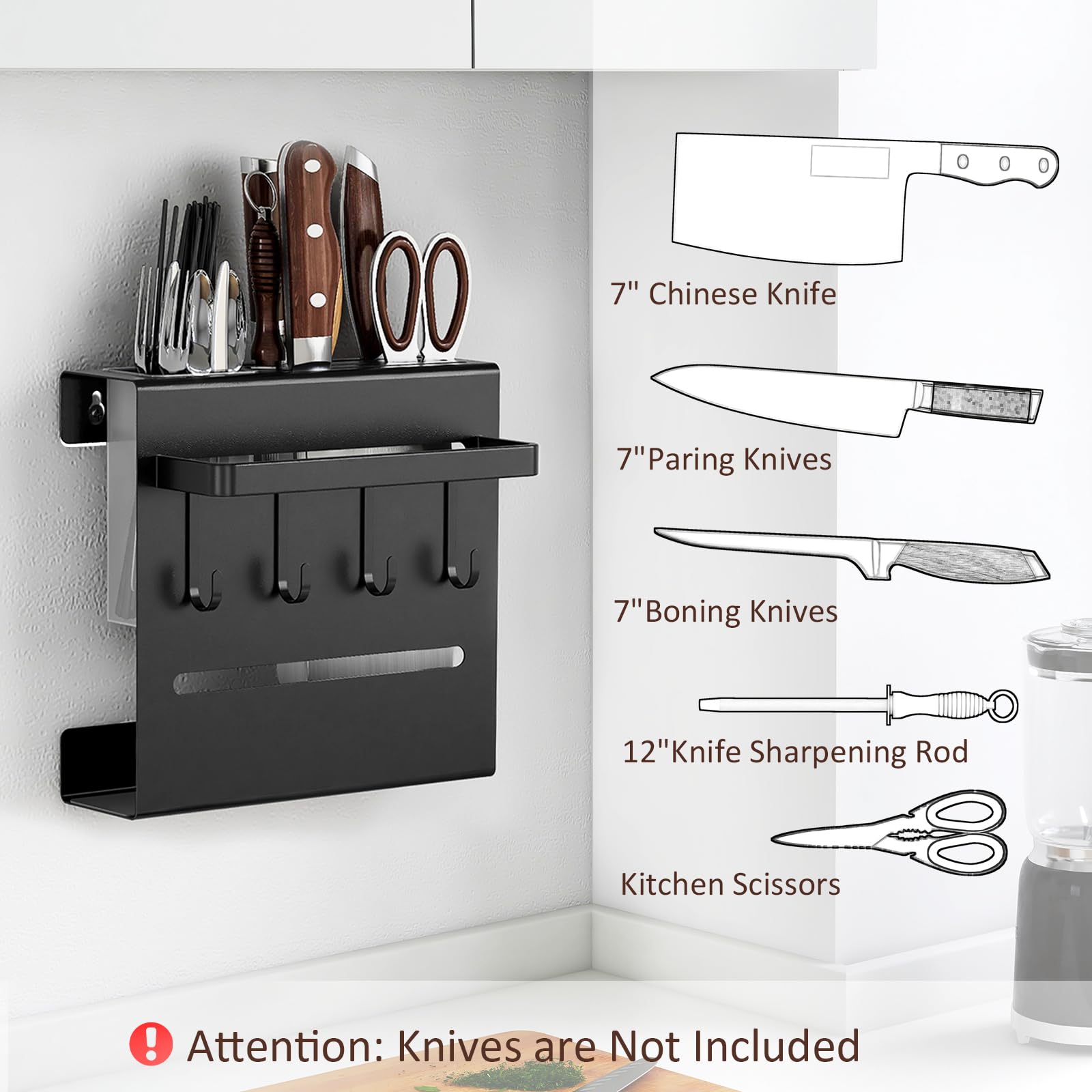 Gypie Knife Holder Without Knives, Multi-Functional Metal Knife Block, Adhesive Or Screw Wall Mount, Quick Draining Space-Saving Knife Storage Organizer for Kitchen (Black)