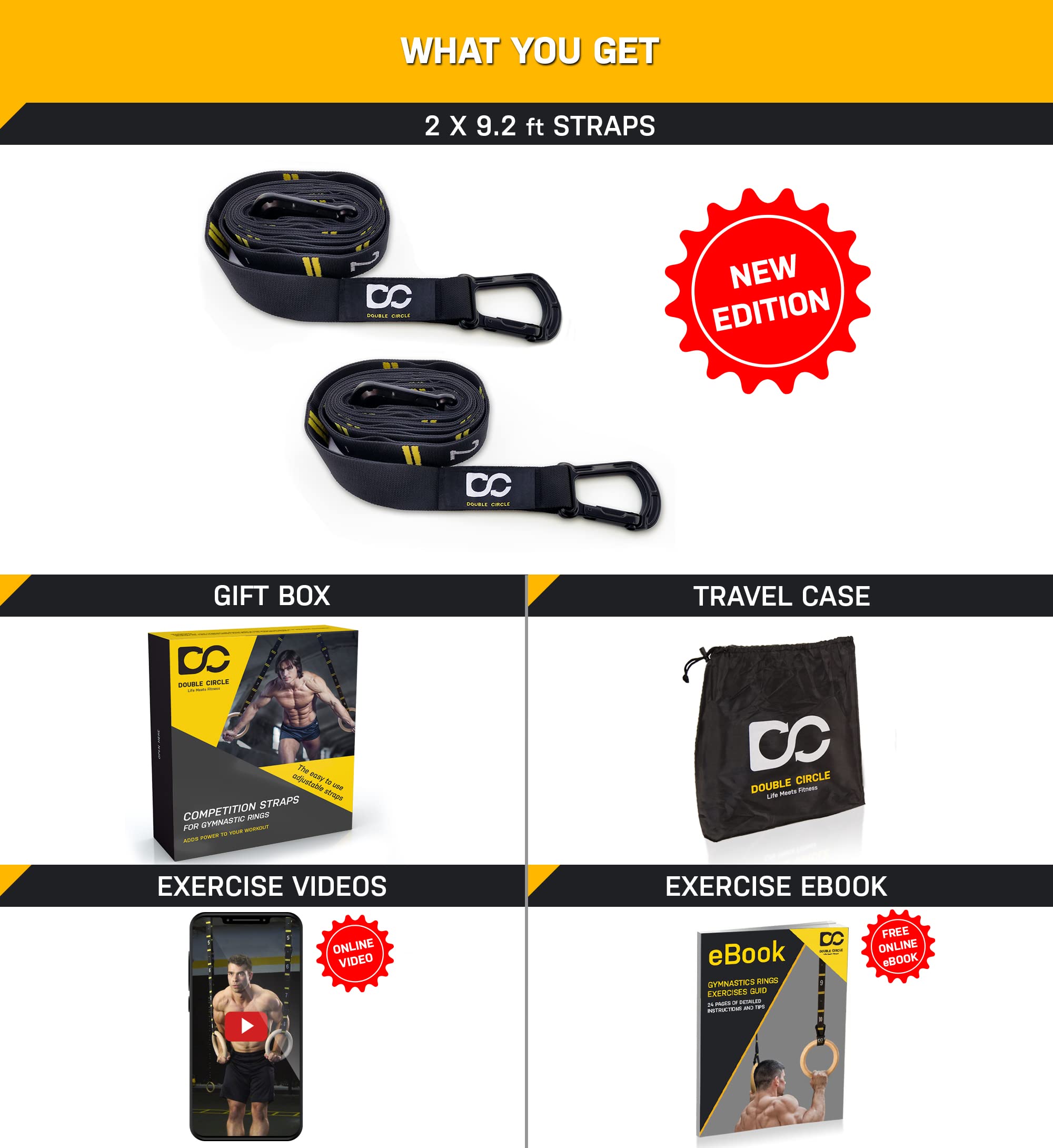 Double Circle Quick Adjust Numbered Straps for Gymnastic Rings - Carabiner System and Exercise Video Guide for Full Body Workout, Calisthenics, and Home Gym