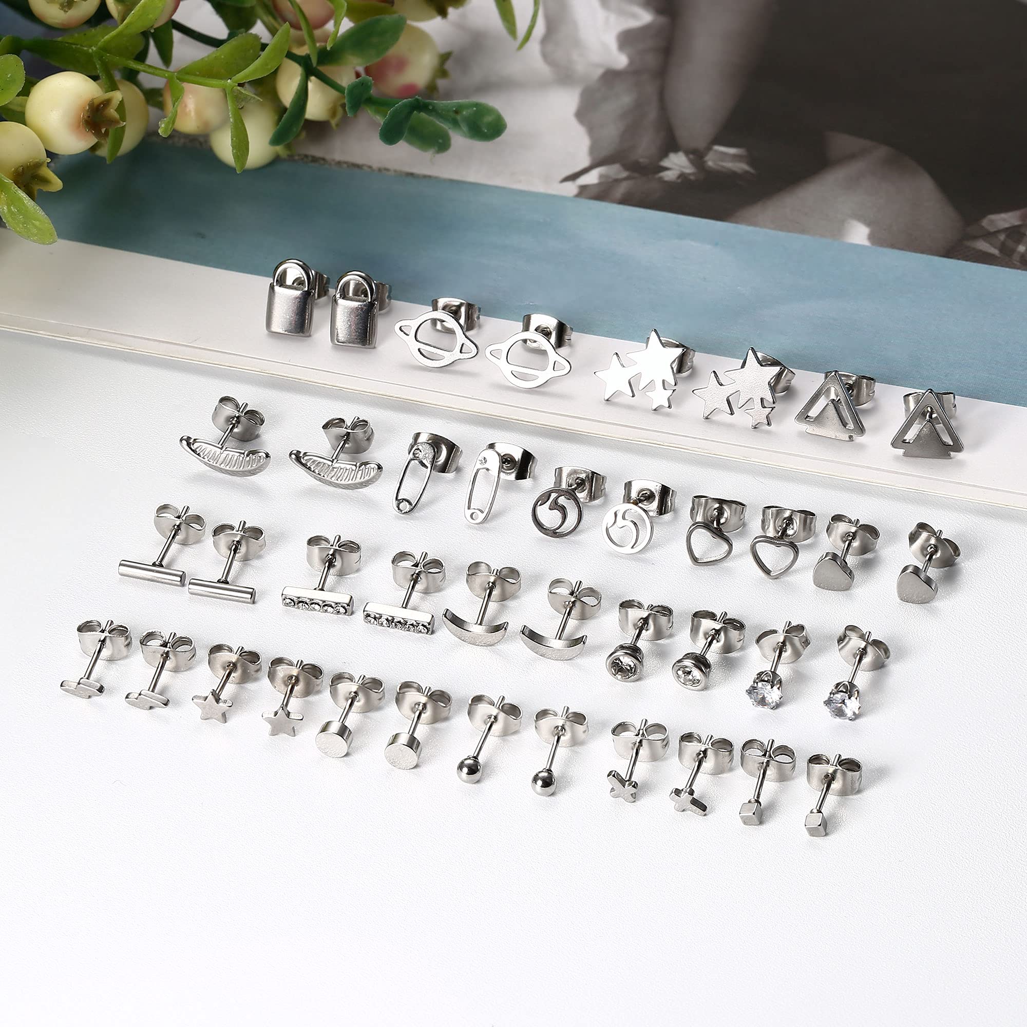 DOLOTTA 20 Pairs Surgical Steel Stud Earrings Set for Women Dainty Earrings Small CZ Heart Moon Star Geometric Stud Earrings Tiny Stud Earrings for Women