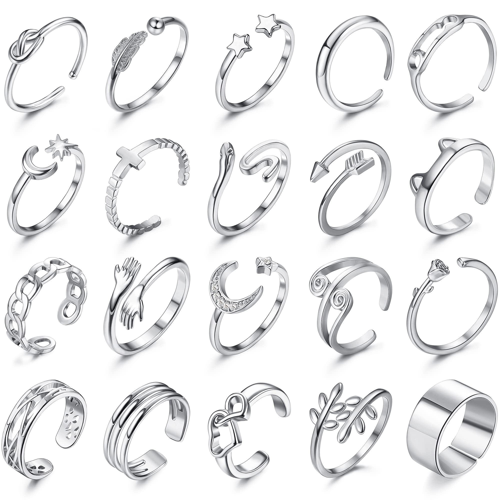 DOLOTTA 20Pcs Adjustable Rings for Women Heart Star Moon Love Flower Cross Open Rings Set Simple Stackable Thumb Knuckle Ring Silver Tone