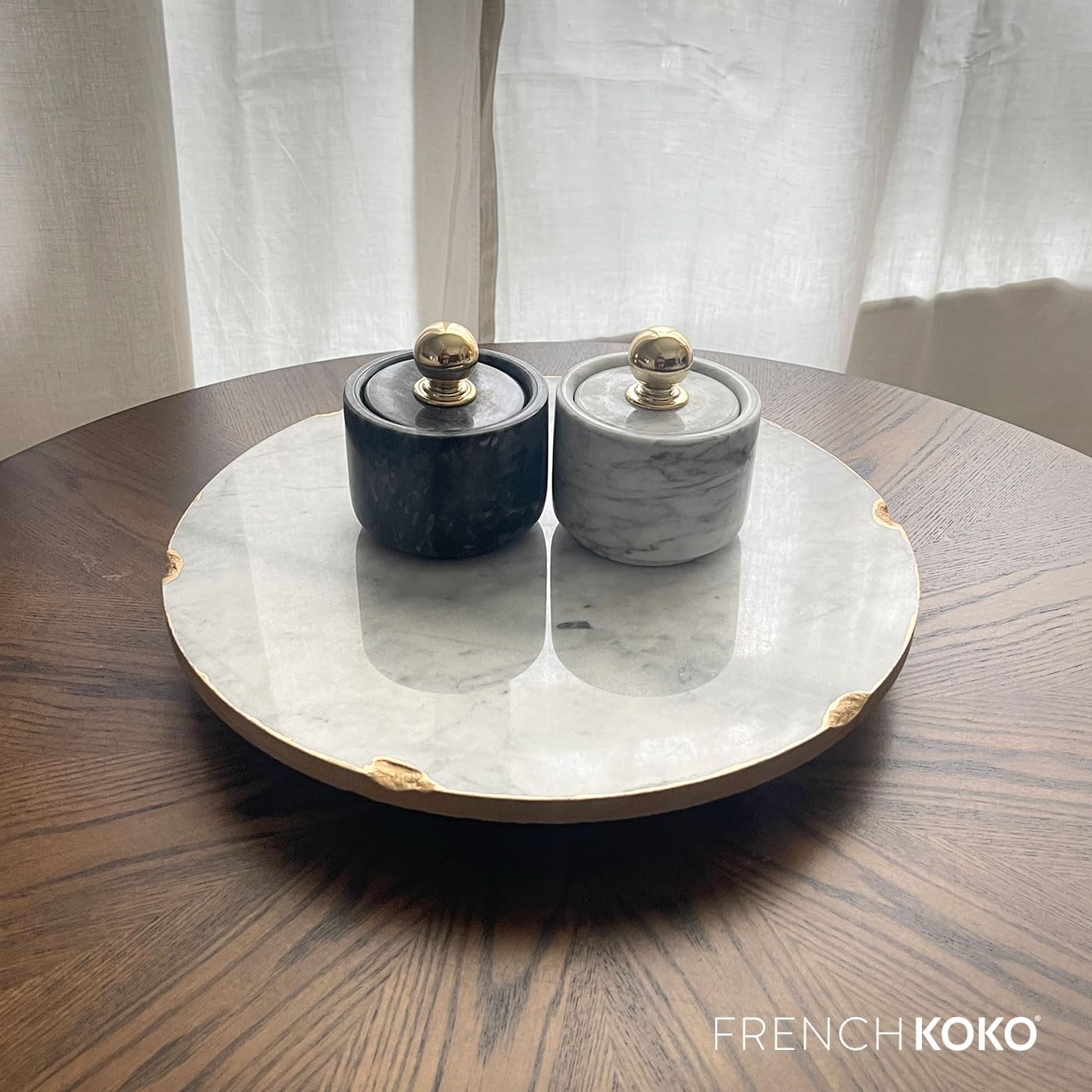 French KOKO 12-Inch Marble Stone Lazy Susan for Countertop with Gold Accent, White Marble Lazy Susan Turntable, Marble Spin Dining Set Tray Spin Slab Pastry Board 12"