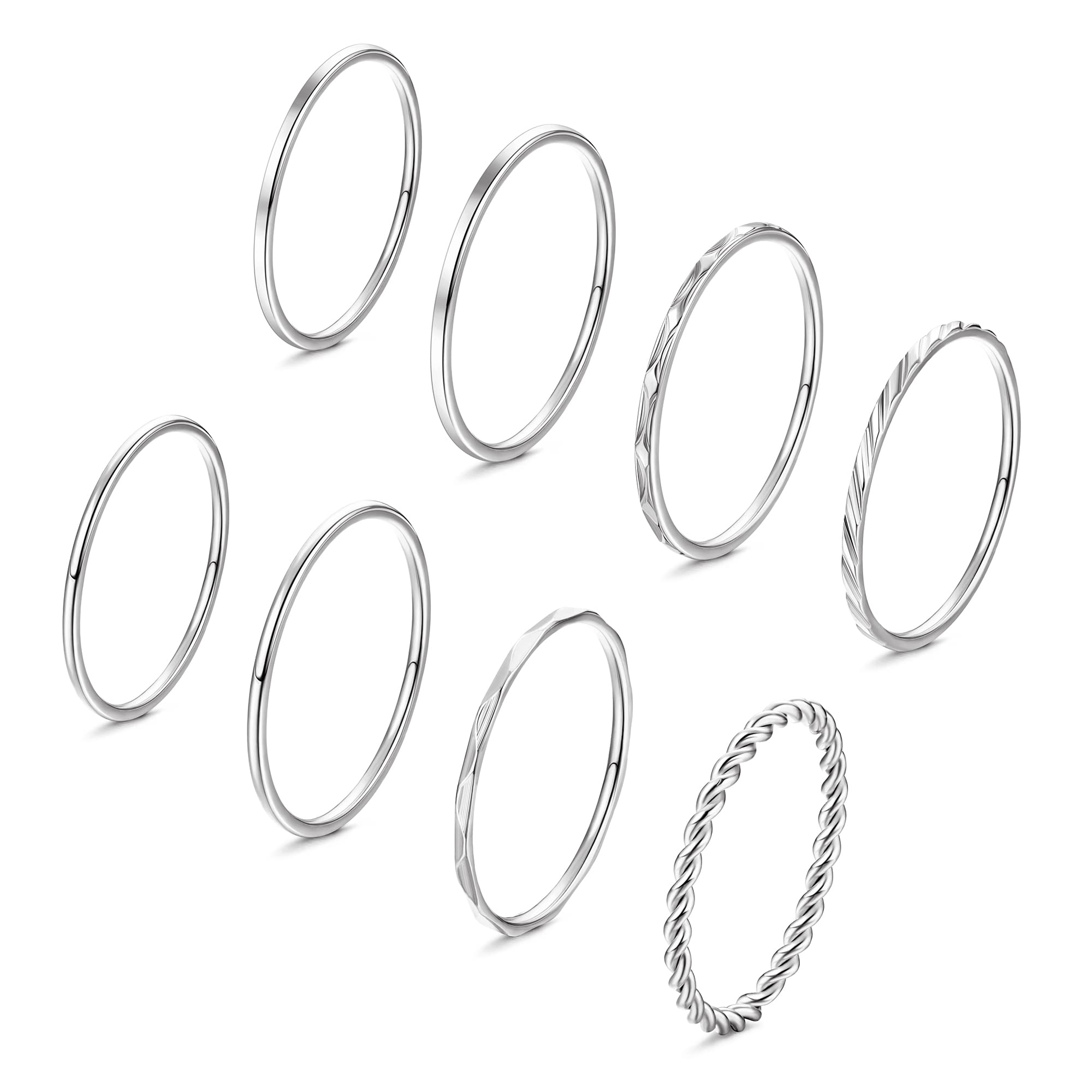 DOLOTTA 8Pcs 1mm Stainless Steel Ring Set Women's Plain Band Knuckle Rings Stacking Midi Rings Comfort Fit Silver/Gold Tone Size 4 to 8