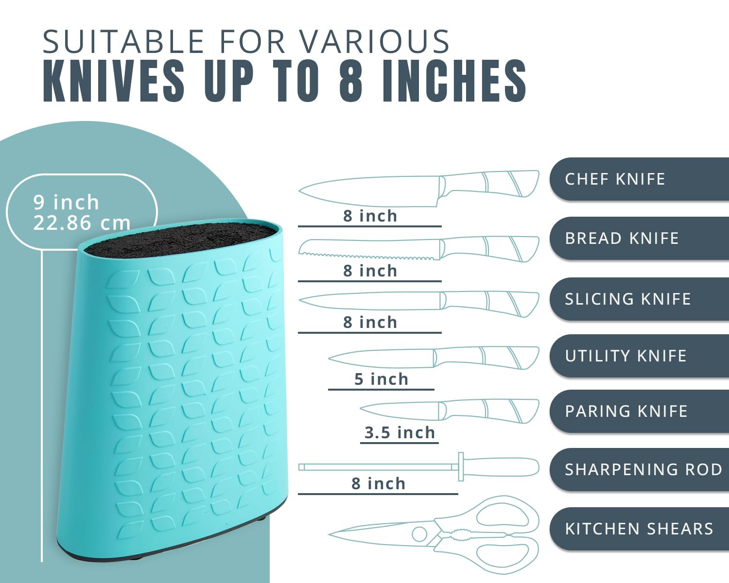Knife Block for Kitchen Storage w/Removable Bristles - Convenient & Secure Knife Stand for Holding Small & Large Knives- Blue