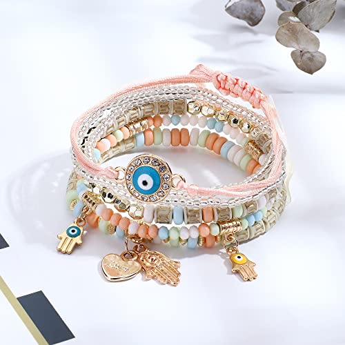 DOLOTTA 6 Sets Bohemian Stackable Bead Bracelets for Women Stretch Multilayered Beaded Bracelet Crystal Beaded Lucky Protection Evil Eye Hamsa Hand Bracelet Set