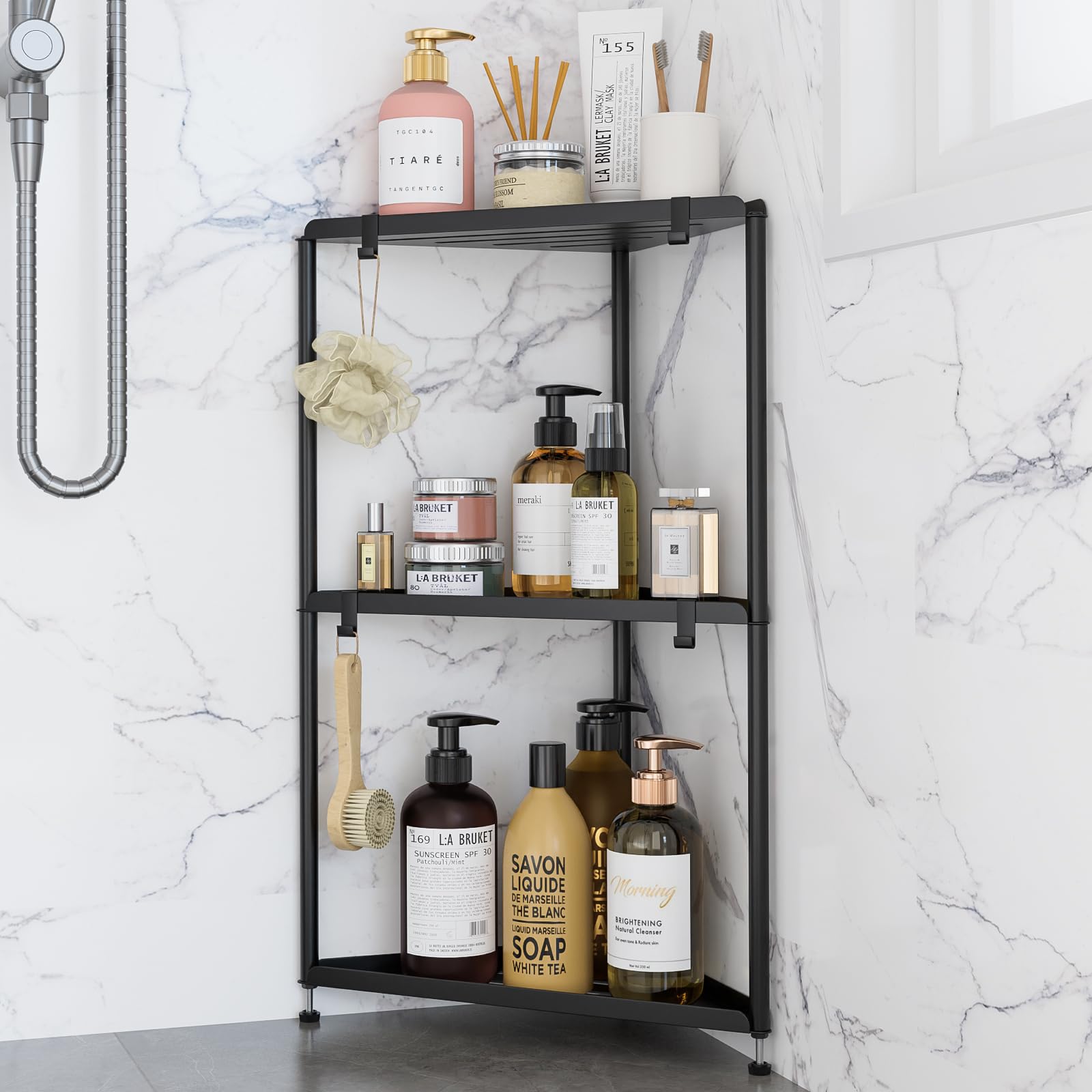Kawaiita Corner Shower Caddy Stand, 3 Tier Floor Shower Organizer Stands for Inside Shower, Bathtub, Bathroom Corner Shower Shelf Rack with Adjustable Feet & 4 Hooks, Metal, Matte Black