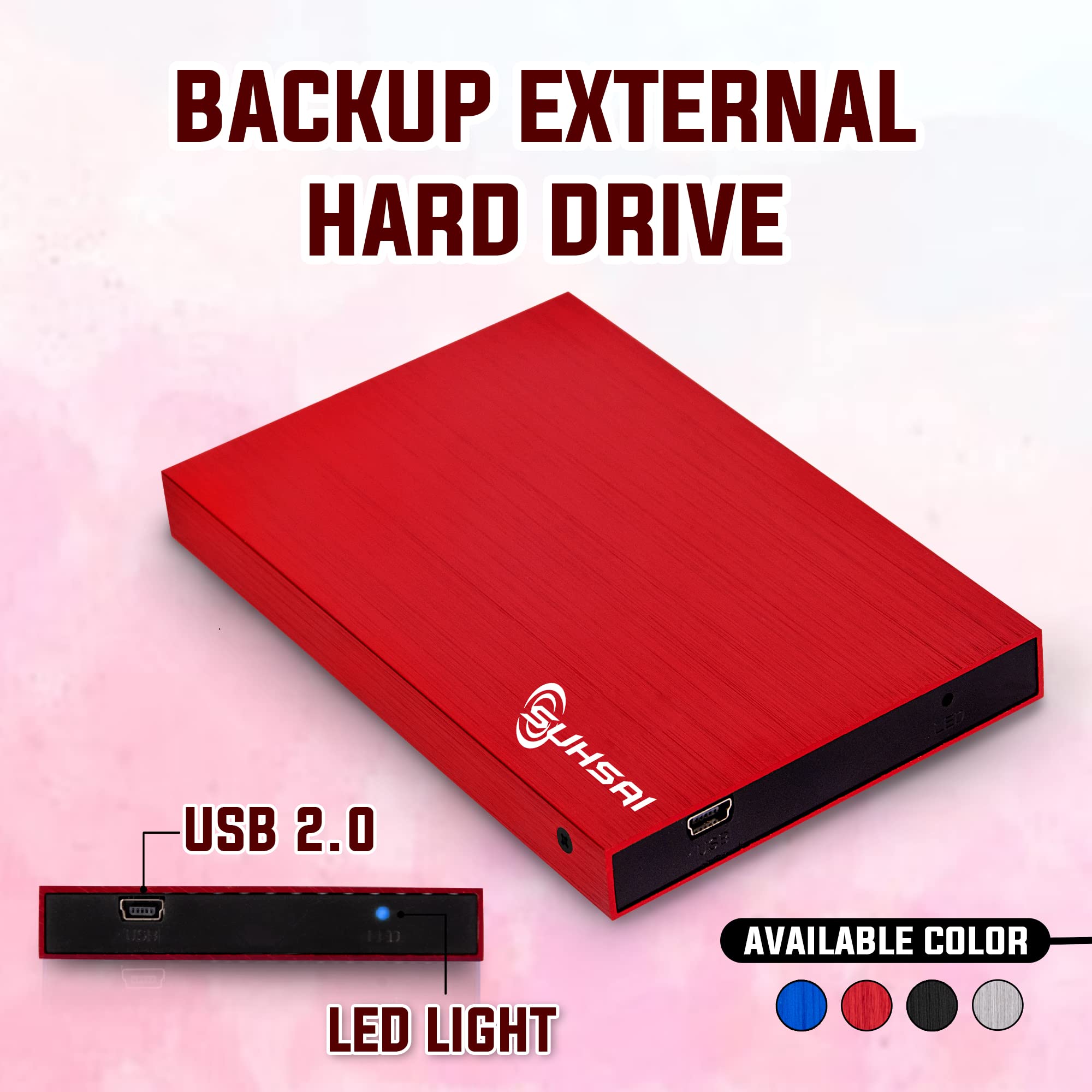 SUHSAI Aluminum Case External Hard Drive 1TB USB 2.0 Slim & Compact Data/Photos Backup & Storage Memory Expansion Portable Hardisk Hardrive 2.5" HDD for Mac Pc Laptop Computer Desktop (Red)