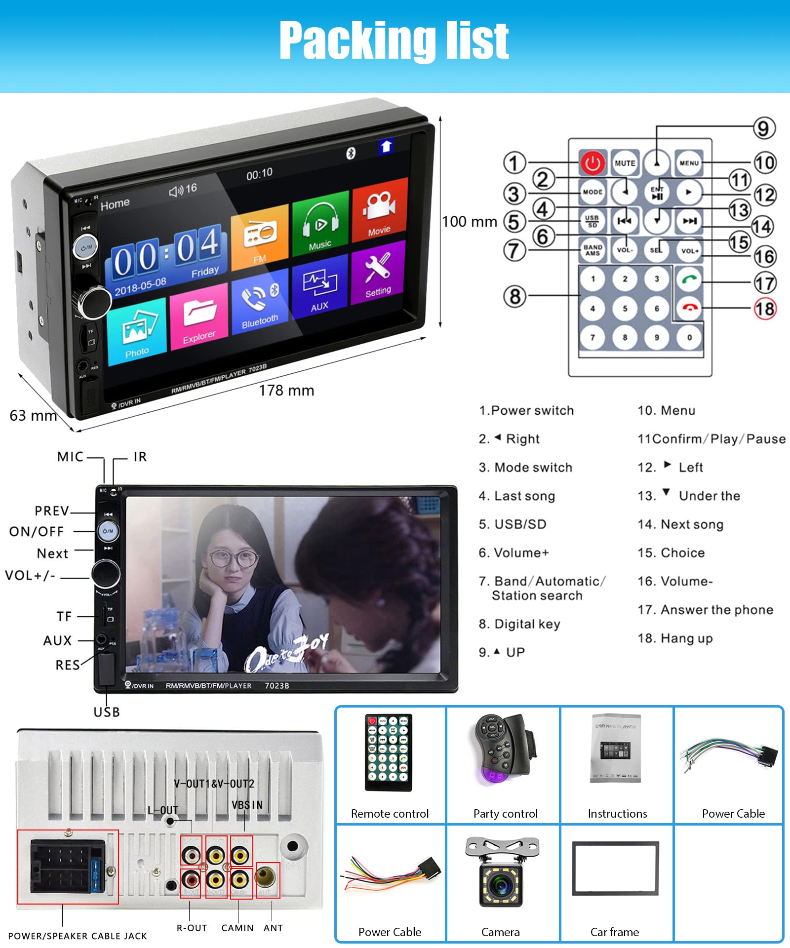 Double Din Car Stereo Car Radio with Bluetooth 7 Inch Touch Screen FM Radio Mirror Link USB 2 Din Car Audio Receiver Remote Control Steering Wheel Control Backup Camera