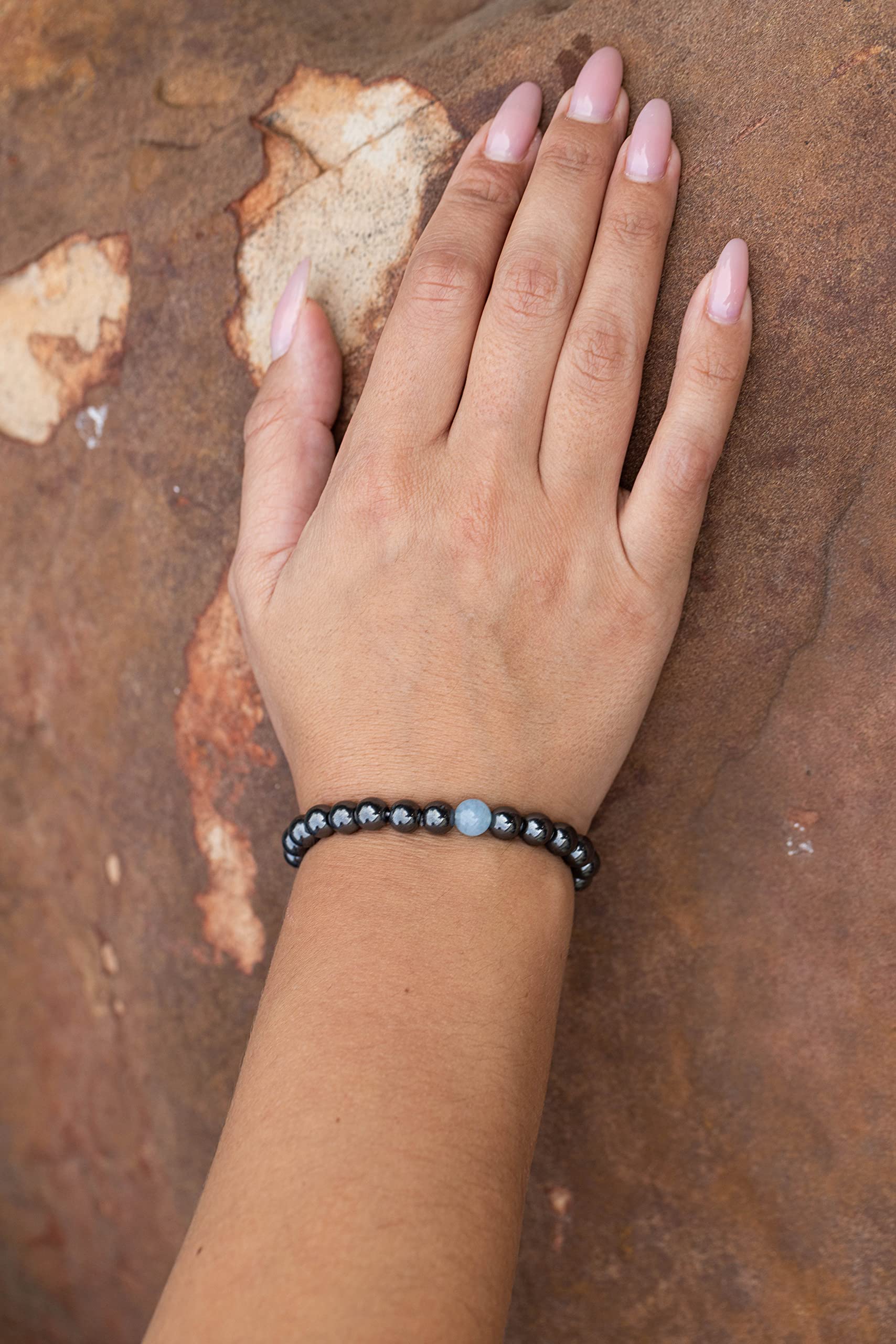Ezina Designs - Alaskan Magnetic Black Hematite & Glacial Water Cleansed Aquamarine Stretch Bracelet