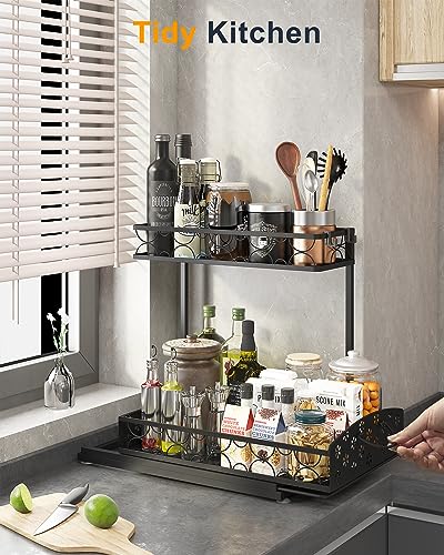 MHHA Under Sink Organizer,Adjustable Height Metal Under Kitchen Cabinet Organizer,2-Tier Sliding Shelf Storage,Multi-Use for Under Kitchen Bathroom Sink Organizers and Storage,Black