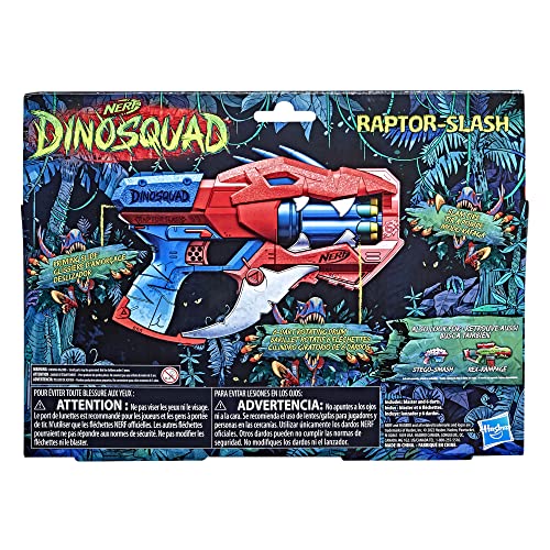 NERF DinoSquad Raptor-Slash Dart Blaster, 6-Dart Rotating Drum, Slam Fire Action, 6 Official Elite Darts, Velociraptor Dinosaur Design