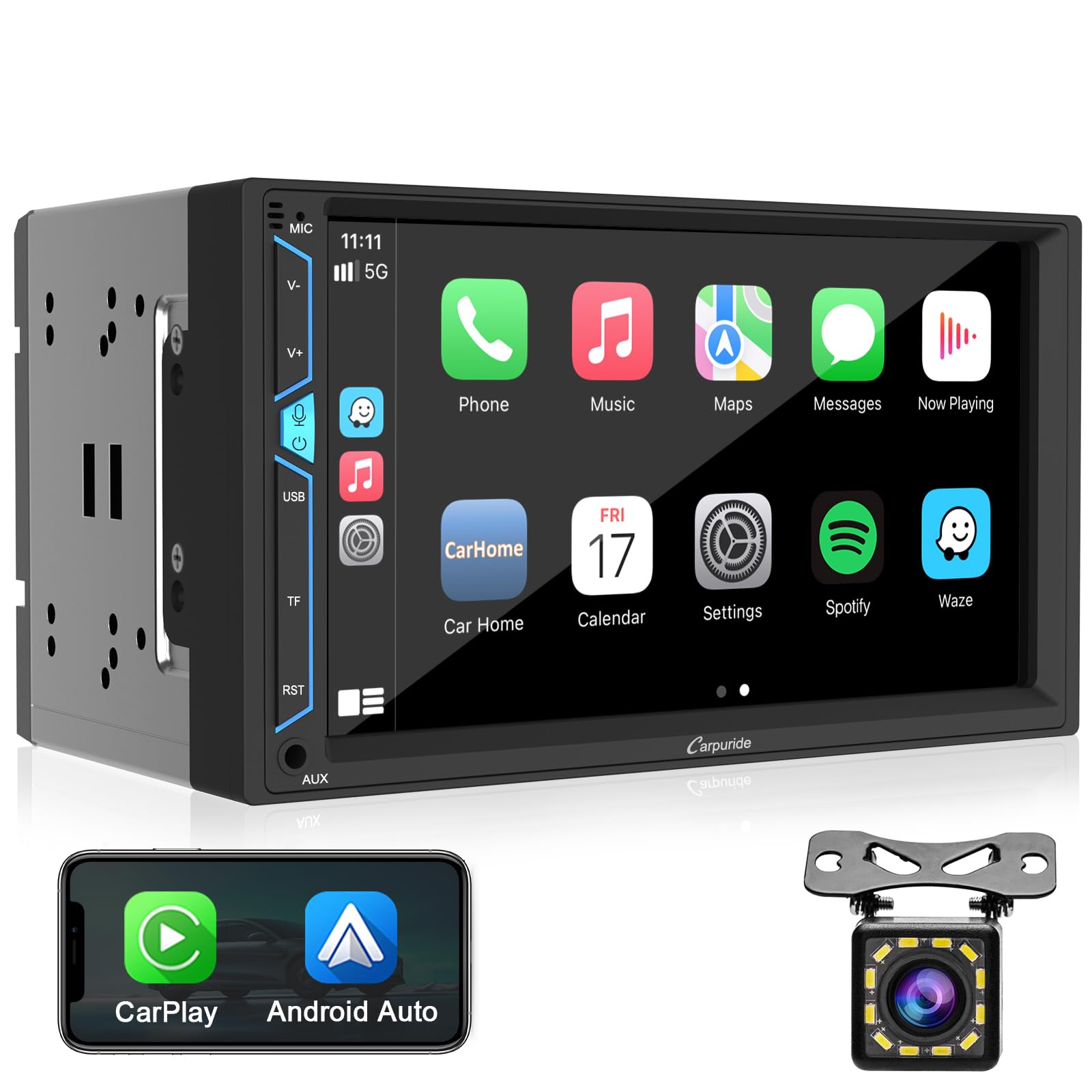 Double Din Car Stereo-Carpuride 7 Inch Touchscreen Car Radio with Backup Camera,Bluetooth,Wireless Carplay/Android Auto,Voice Control,FM Radio, Mirror Link, Steering Wheel Control(SWC)/USB/TF/AUX