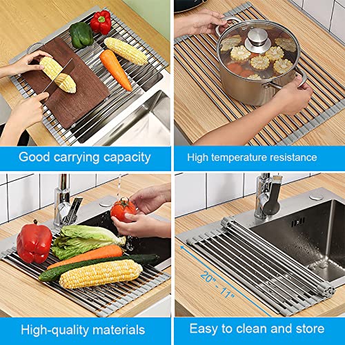 HCXMDY Roll Up Dish Drying Rack Over The Sink Kitchen,Stainless Steel Drying Rack for Farmhouse Sink,Rv Sink Cover Kitchen Sink Accessories,Telescopic Sink Rack(L:20" - 11",W:13")