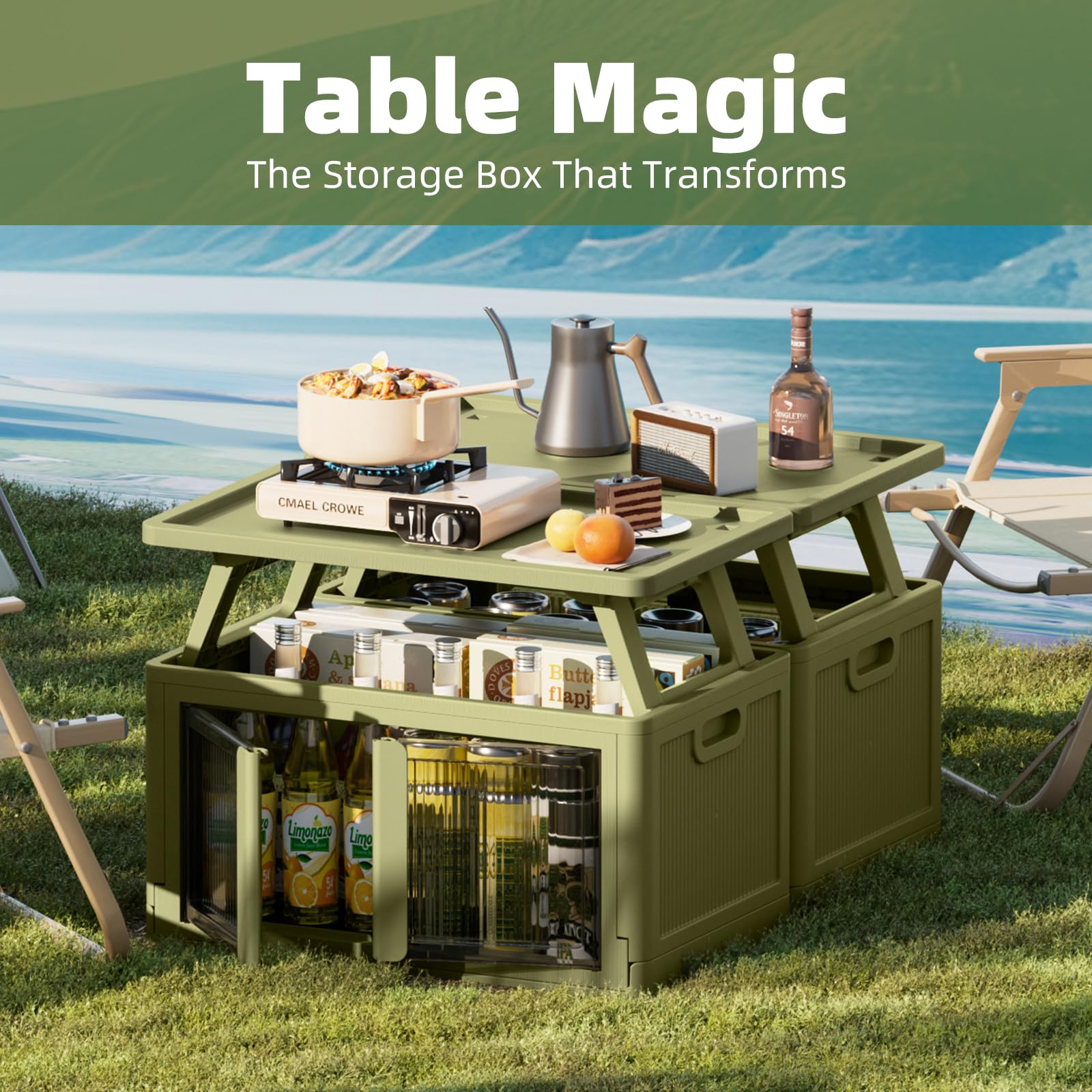 Outdoor Storage Box with Table Function, 100Qt Collapsible Trunk Organizers, Multifunctional Storage Container & Chuck Box for Picnics, Camping, Outdoor and Home (Green)