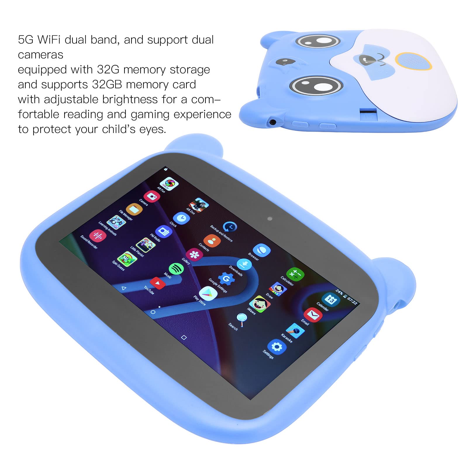 HD Tablet, 5000mAh 32GB ROM Dual Camera 7 Inch Screen US Plug 100240V Kids Tablet for Ebook (US Plug)